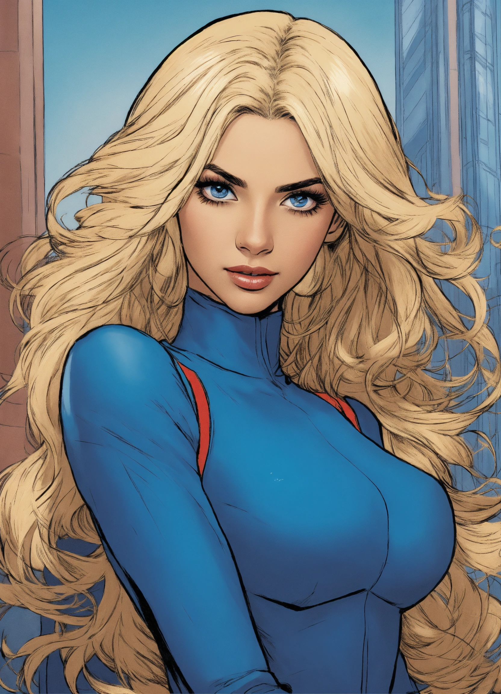 Lexica - Panel de cómic , mujer, pelo rubio, ojos azules, traje