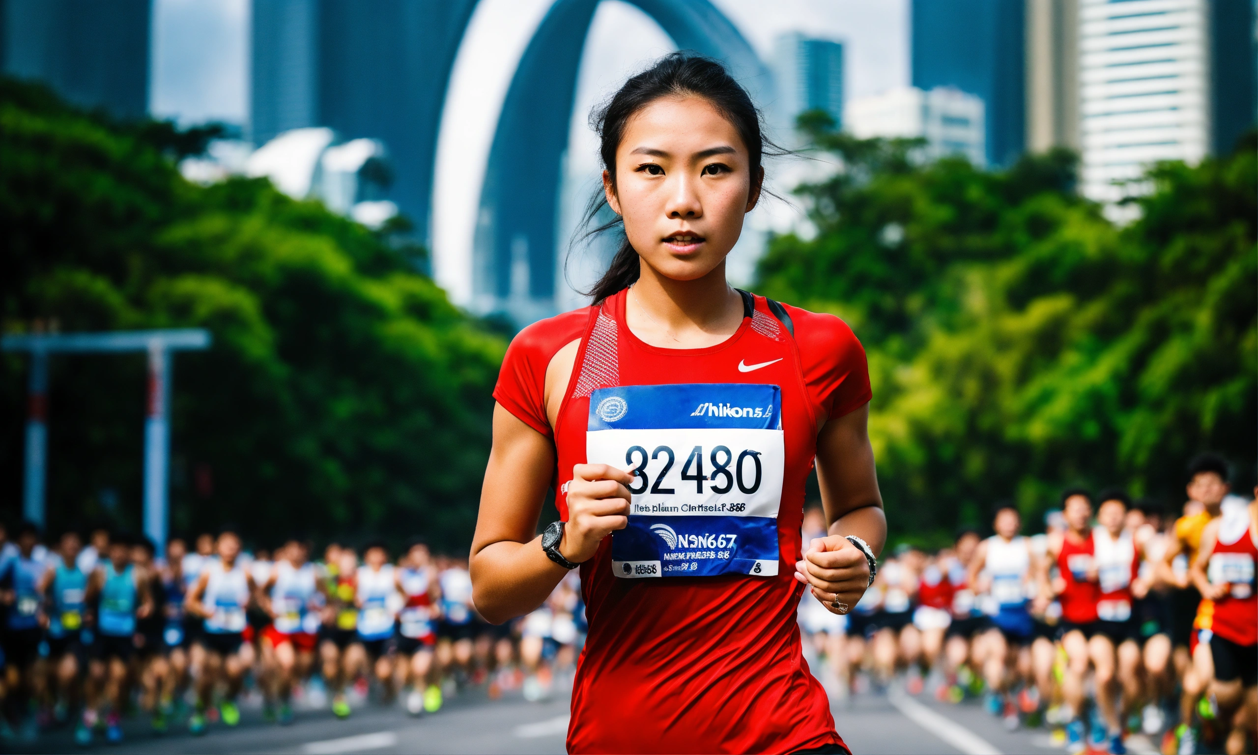 Lexica - Mid-day at a world marathon event in Singapore, ultra close-up ...