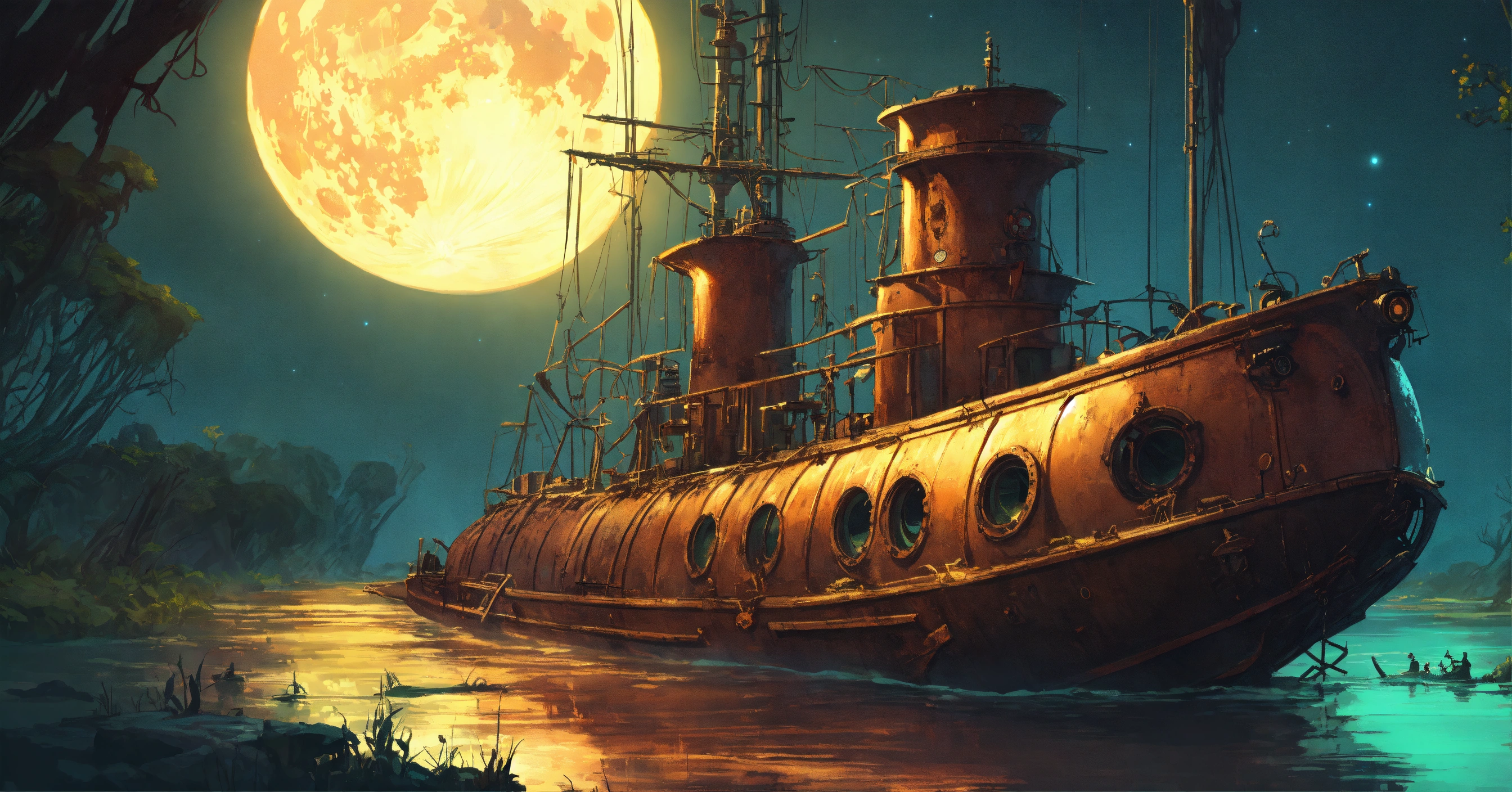 Lexica - Beached overgrown steampunk submarine tilted rusty shipwreck ...