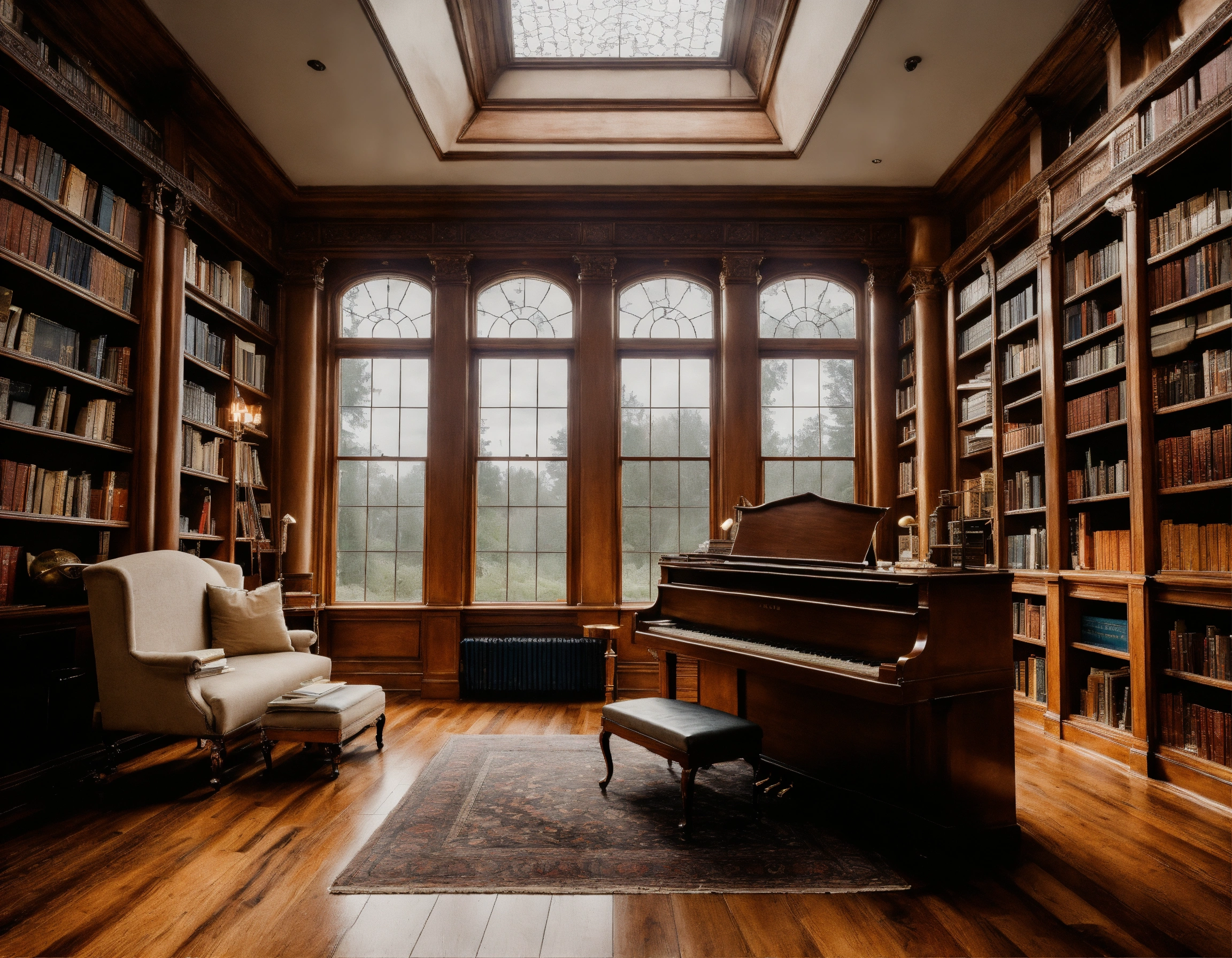Lexica - Beautiful library with wooden floor, fireplace, carpets, piano ...