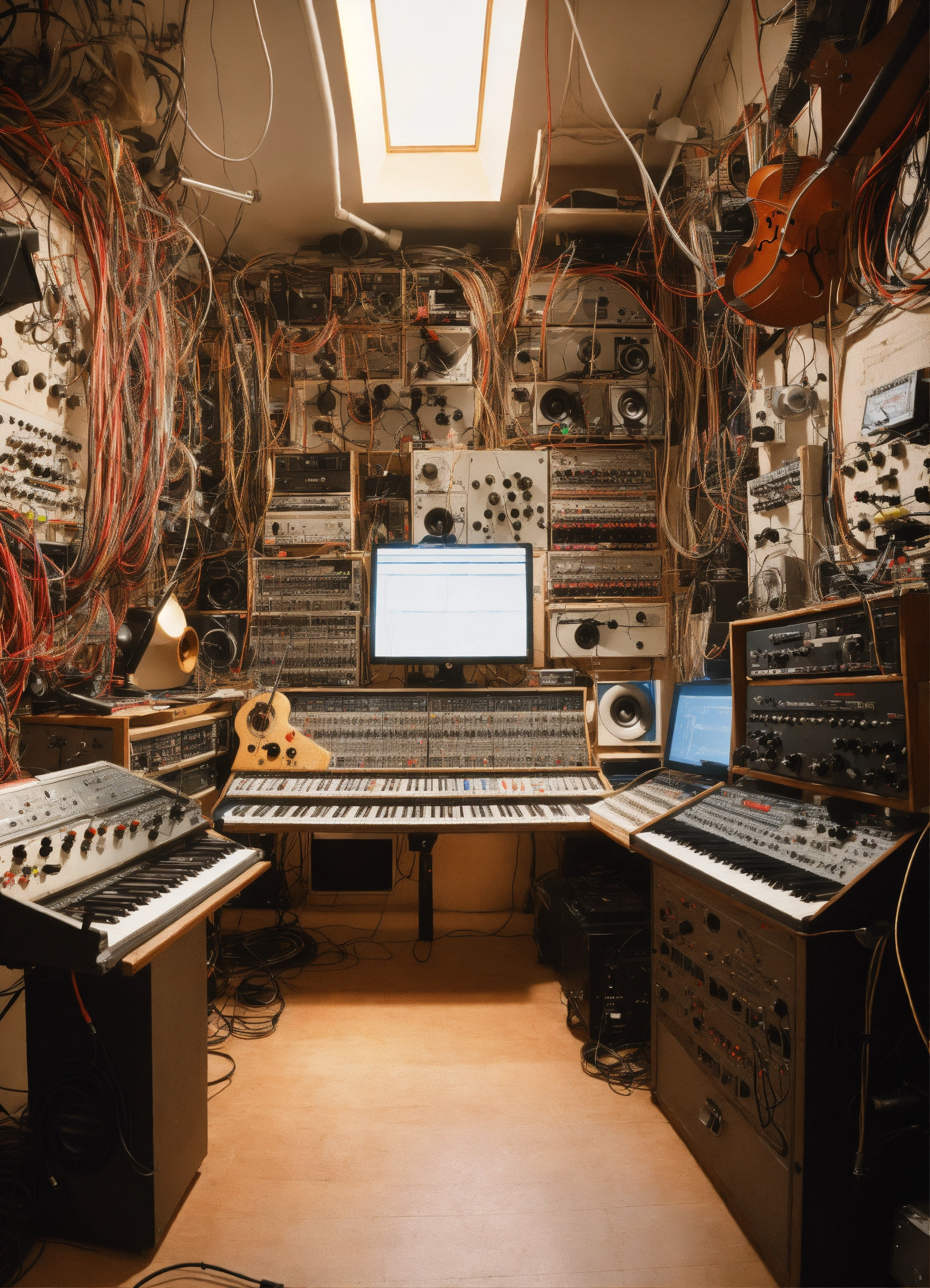 Lexica - Close up photography, a large white music studio full of ...