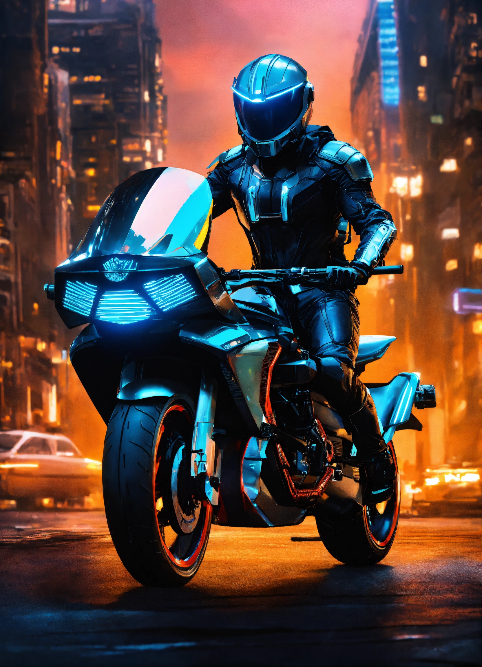 Lexica - Biker with a helmet on, on a sci-fi bike from tron, with guns ...