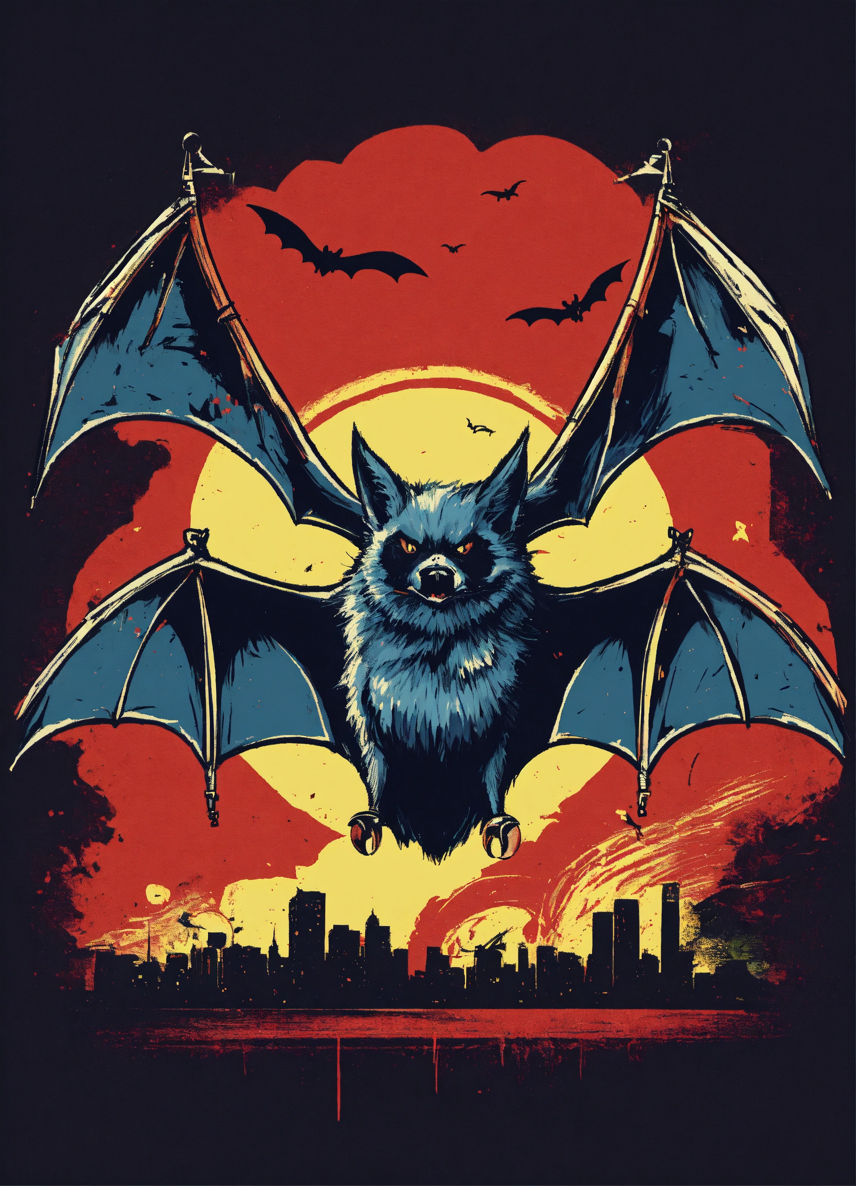 Lexica - T-shirt design, aggressive flying bat with bomb, dark sky