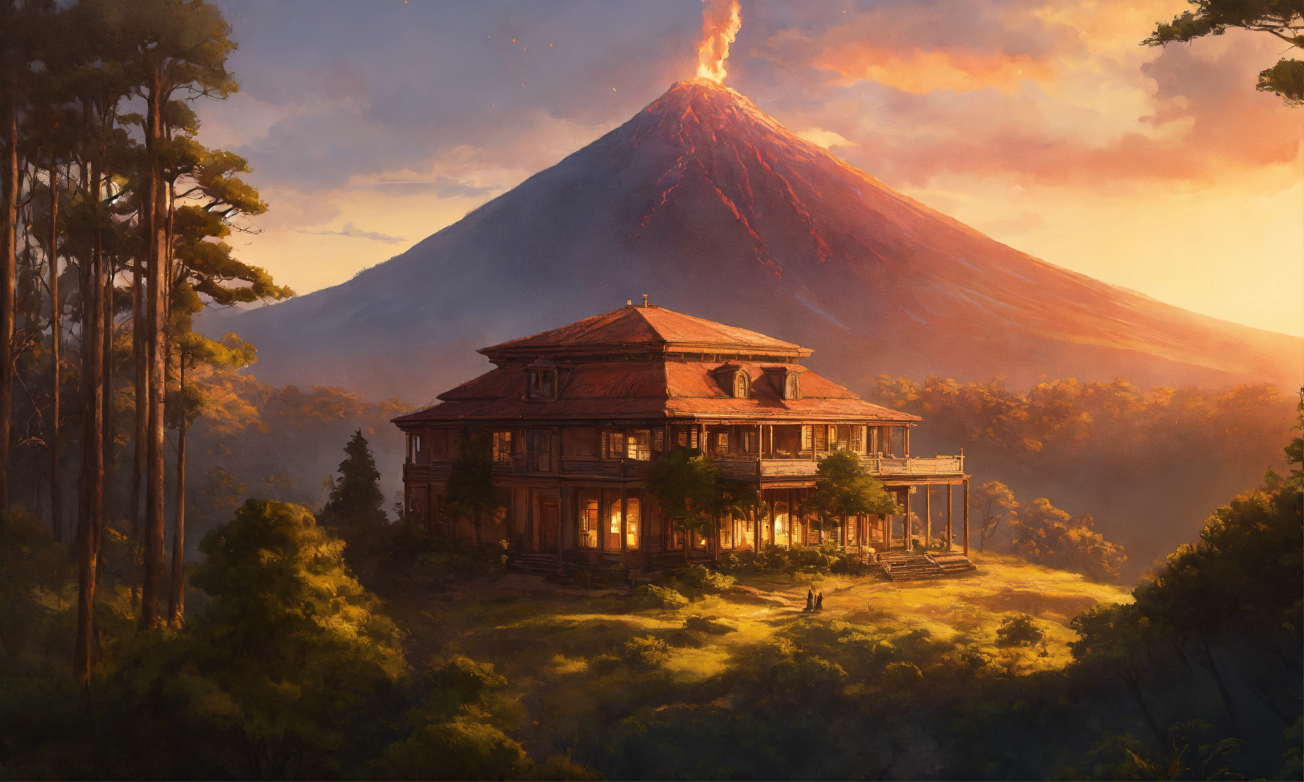 Lexica - Colonial blockhouse with dormant volcano in distance and pine ...