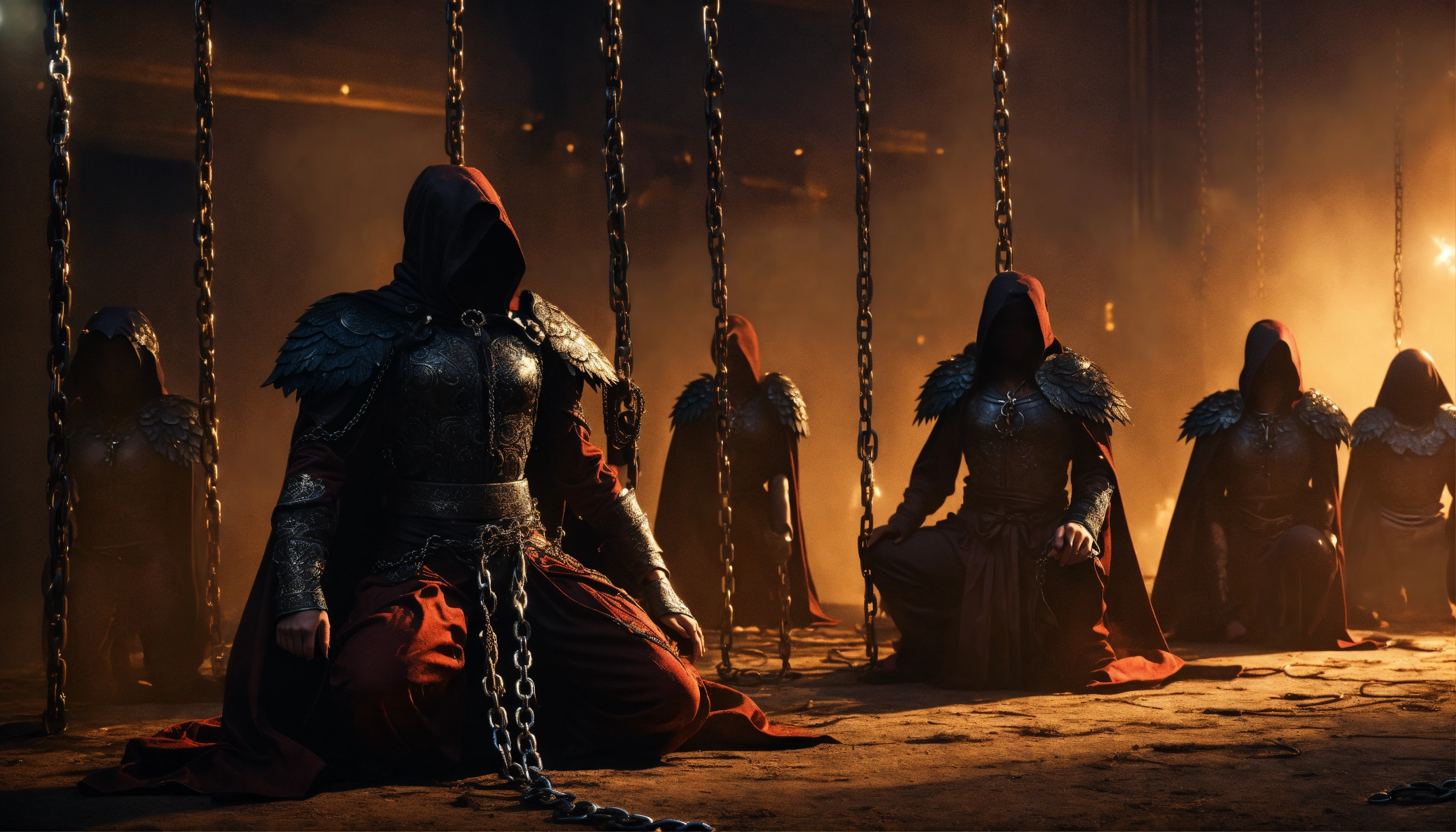 Lexica - 7 dark, fallen angels on their knees, side by side, bound up ...