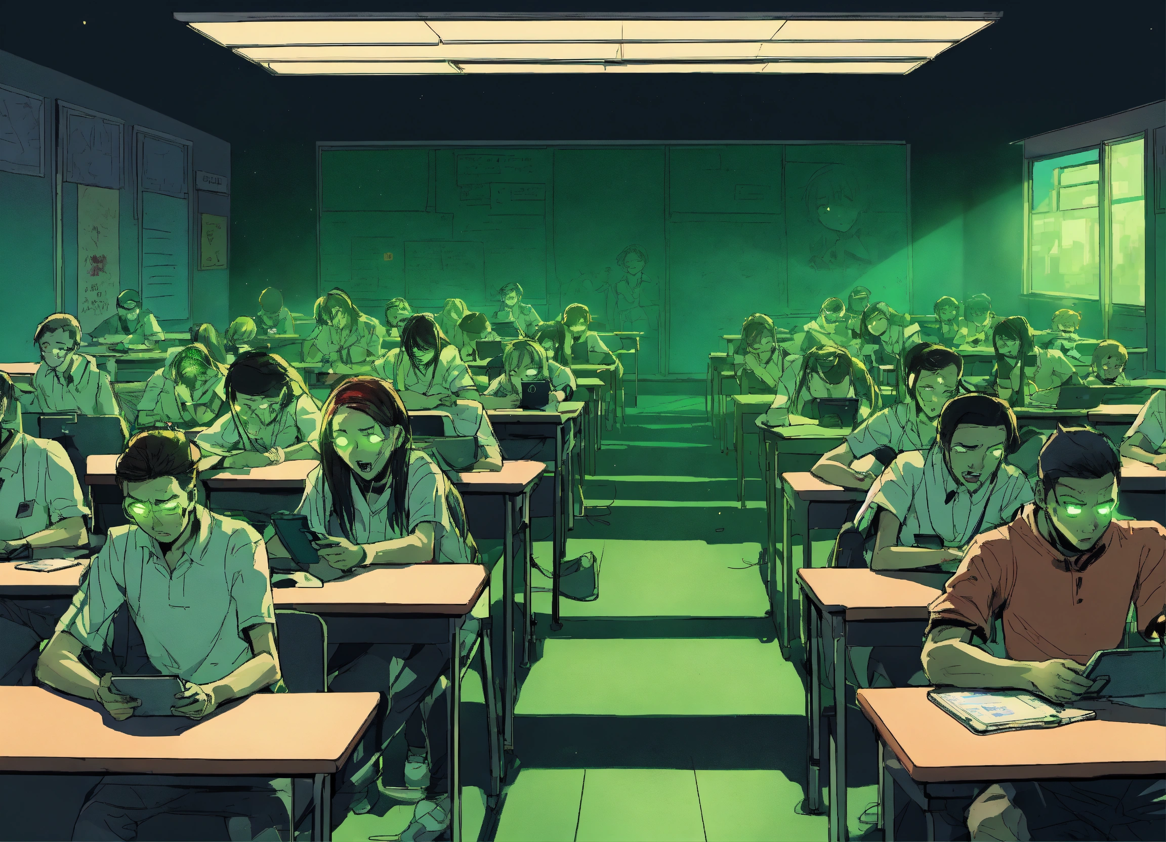 Lexica - Create a comic cartoon poster of a classroom at night where ...