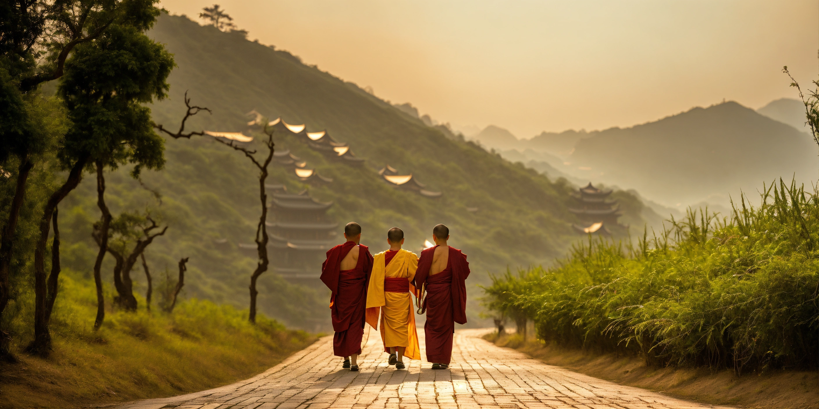 Lexica - Two young Buddhist disciples walking along the road and in the ...