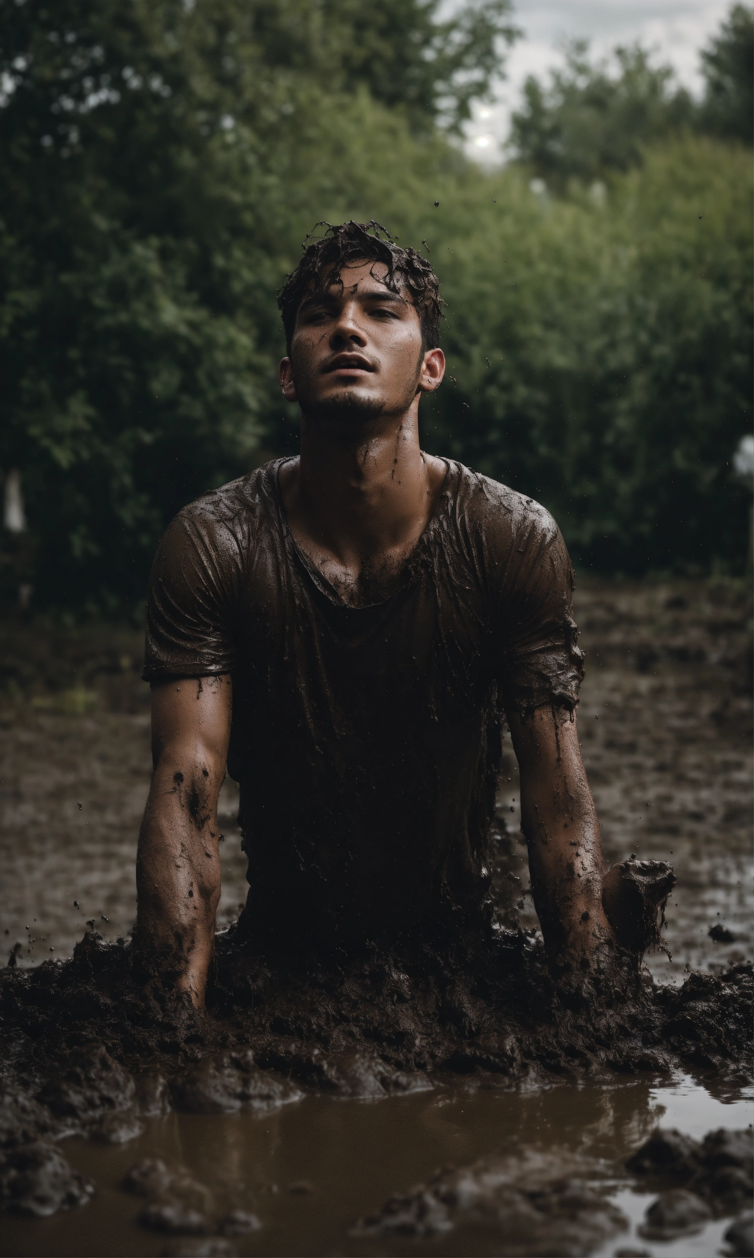Lexica - A young dirty man falling in a mud pond, extending his hand to ...