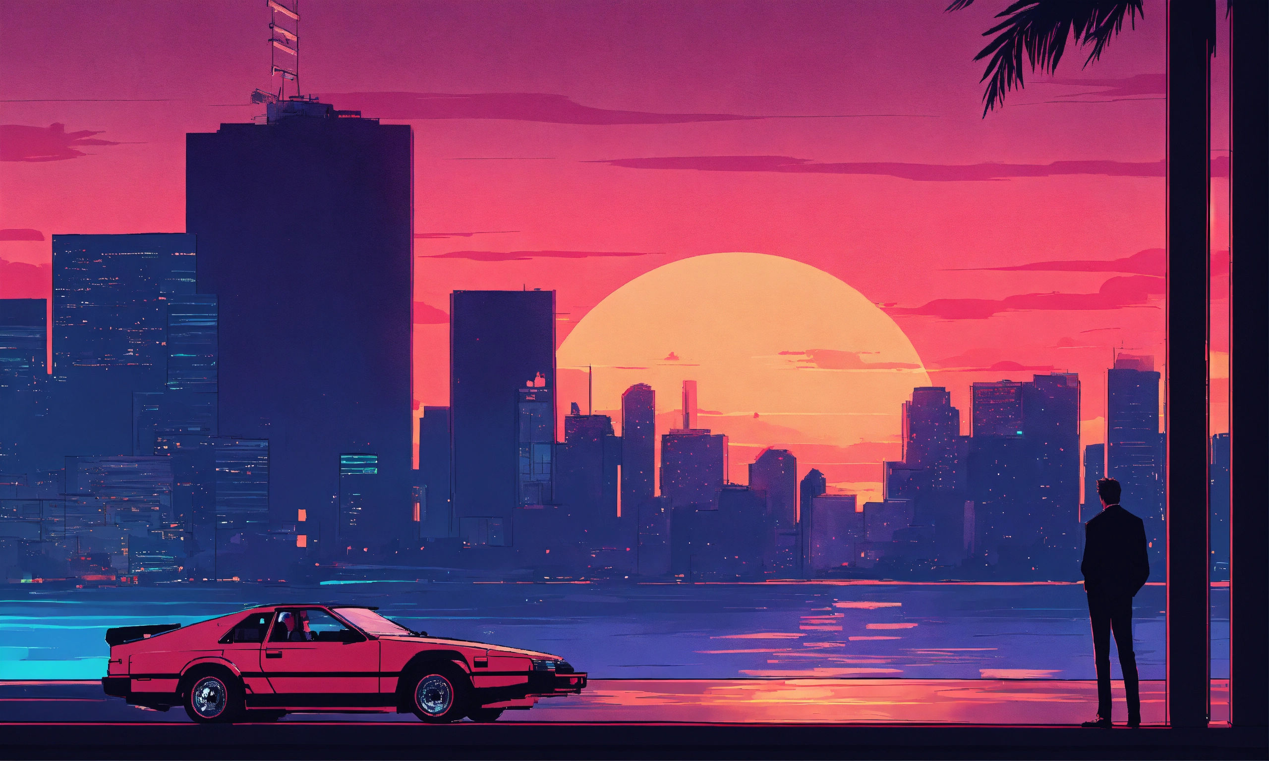 Lexica - Anime miami vice, lofi, sunset skyline, 2d, studio ghibli ...