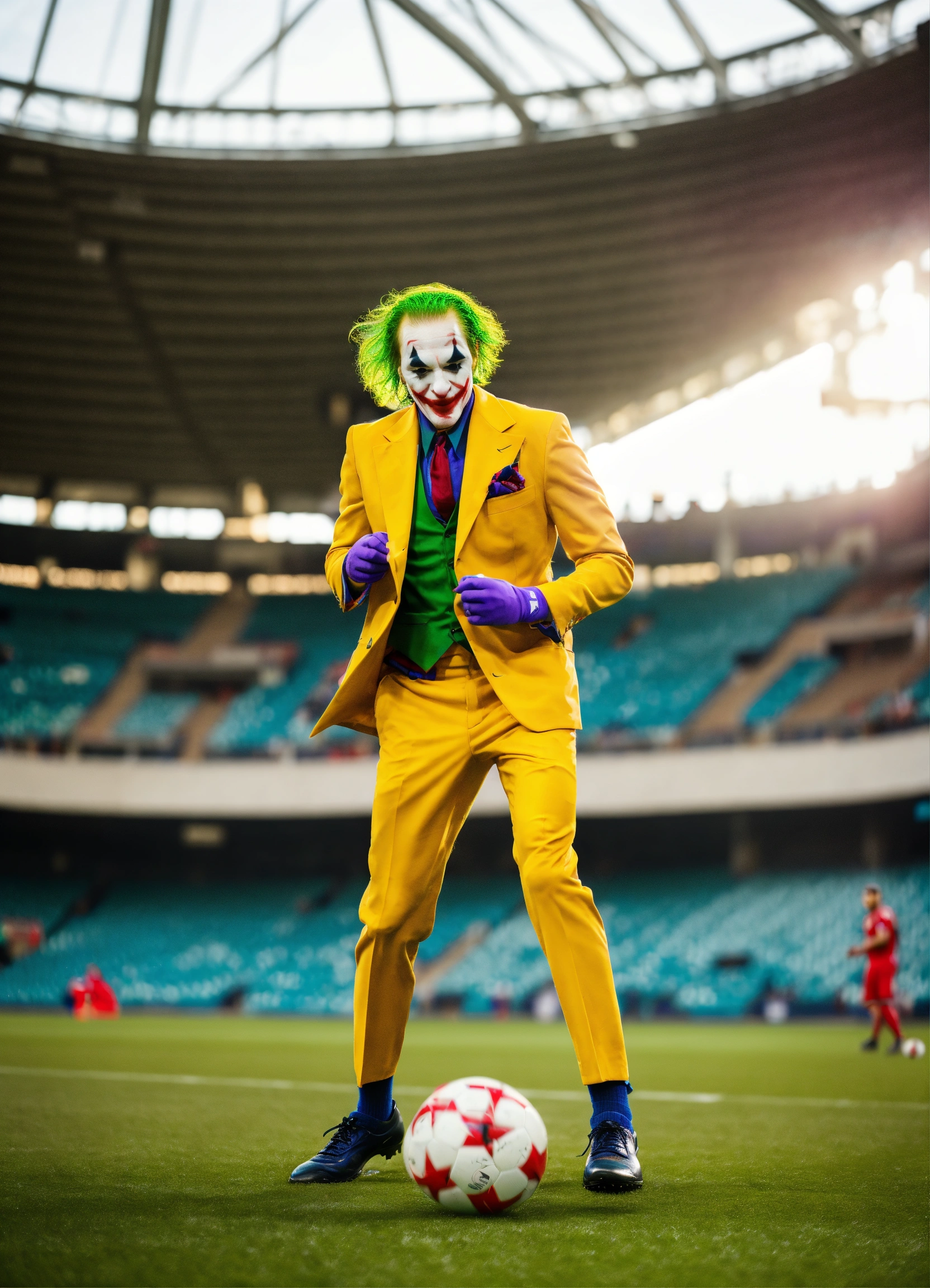 Lexica - Joker playing football in stadium clear camera focus