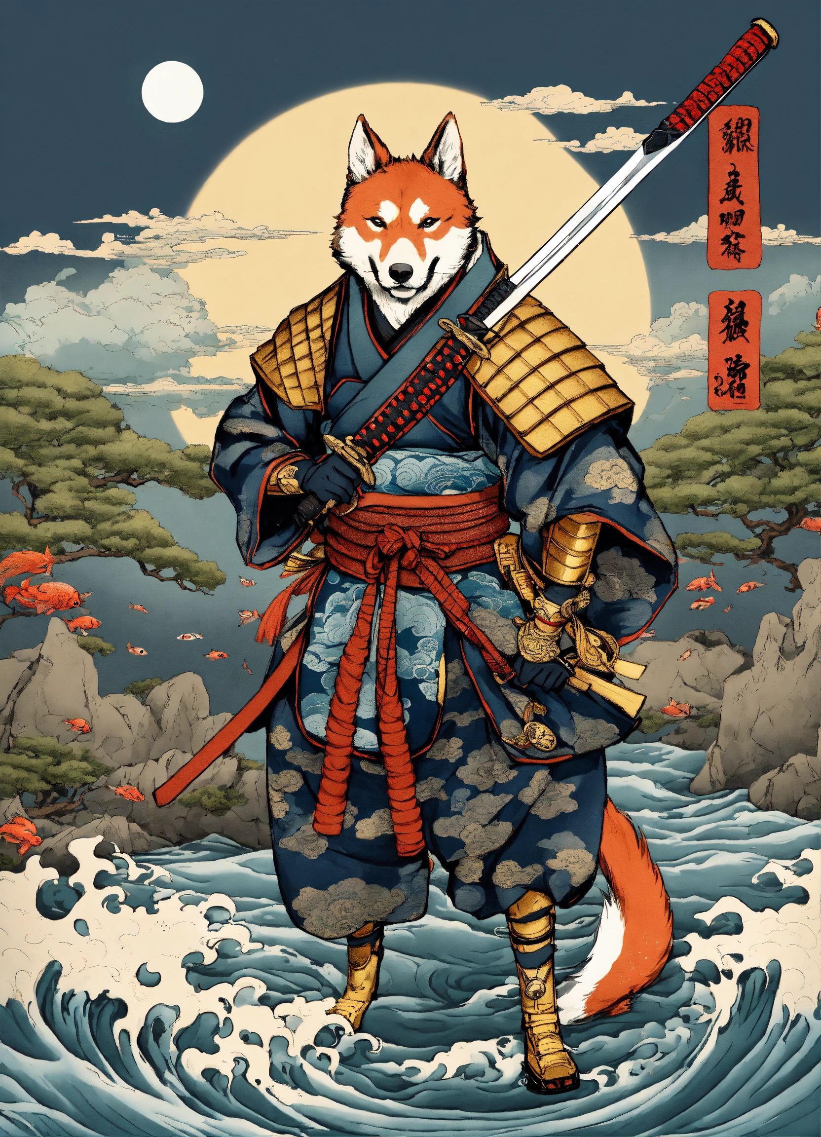 Lexica - There is a man with a fish and a sword on a white background ...