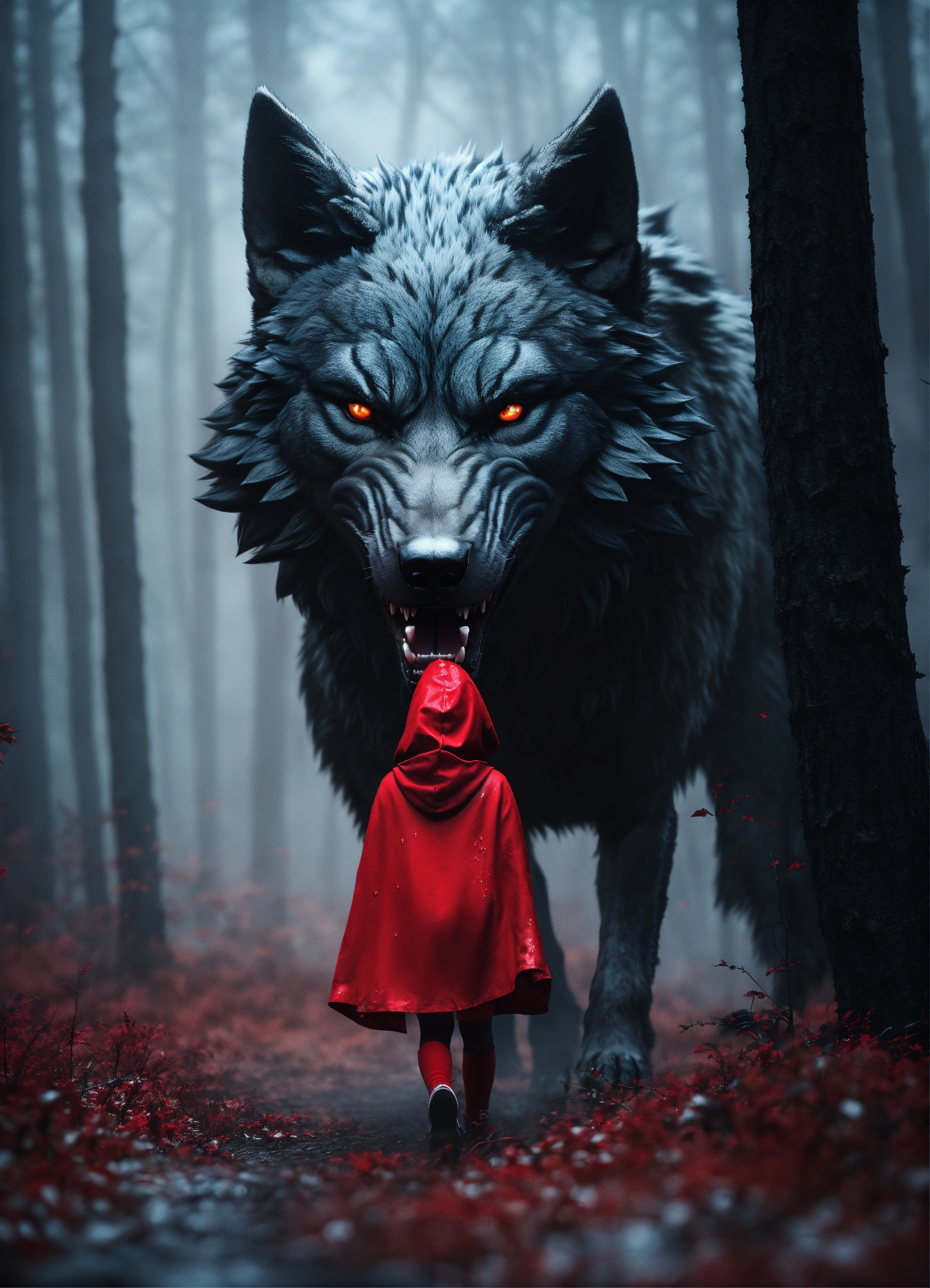Lexica - Very big scary angry wolf attack Little Red Riding Hood. 3d ...
