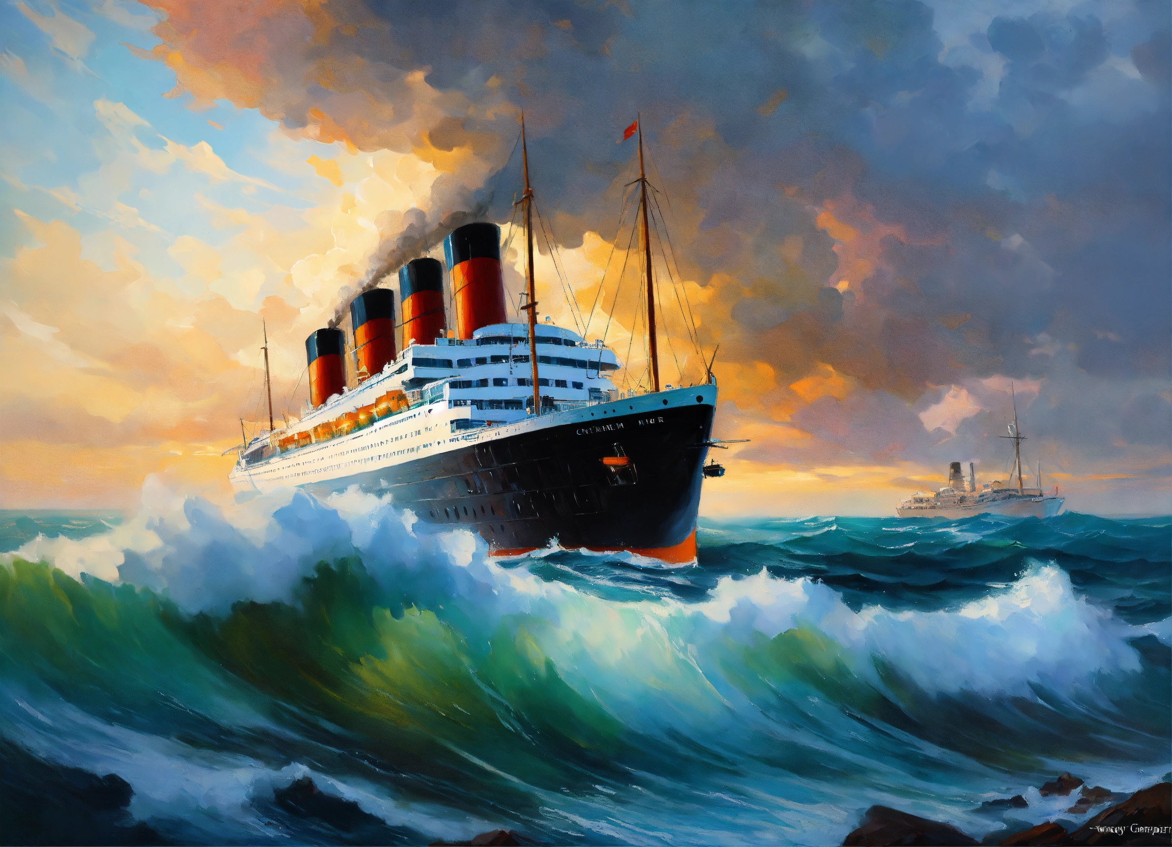 Lexica - Create a painting of an ocean steam liner on a stormy ocean ...