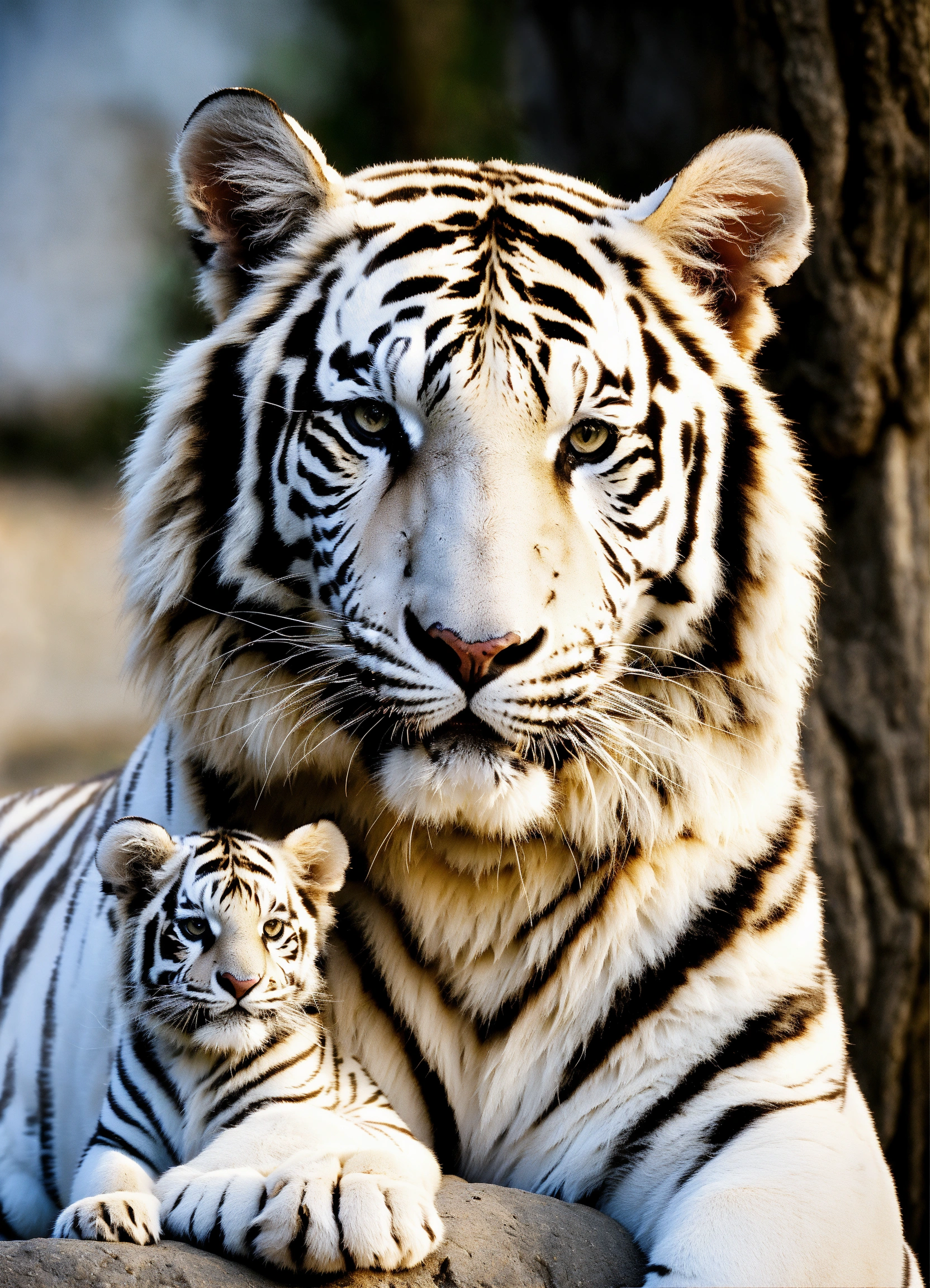 Lexica - A White Bengal Tiger with his young, the two very tender and ...