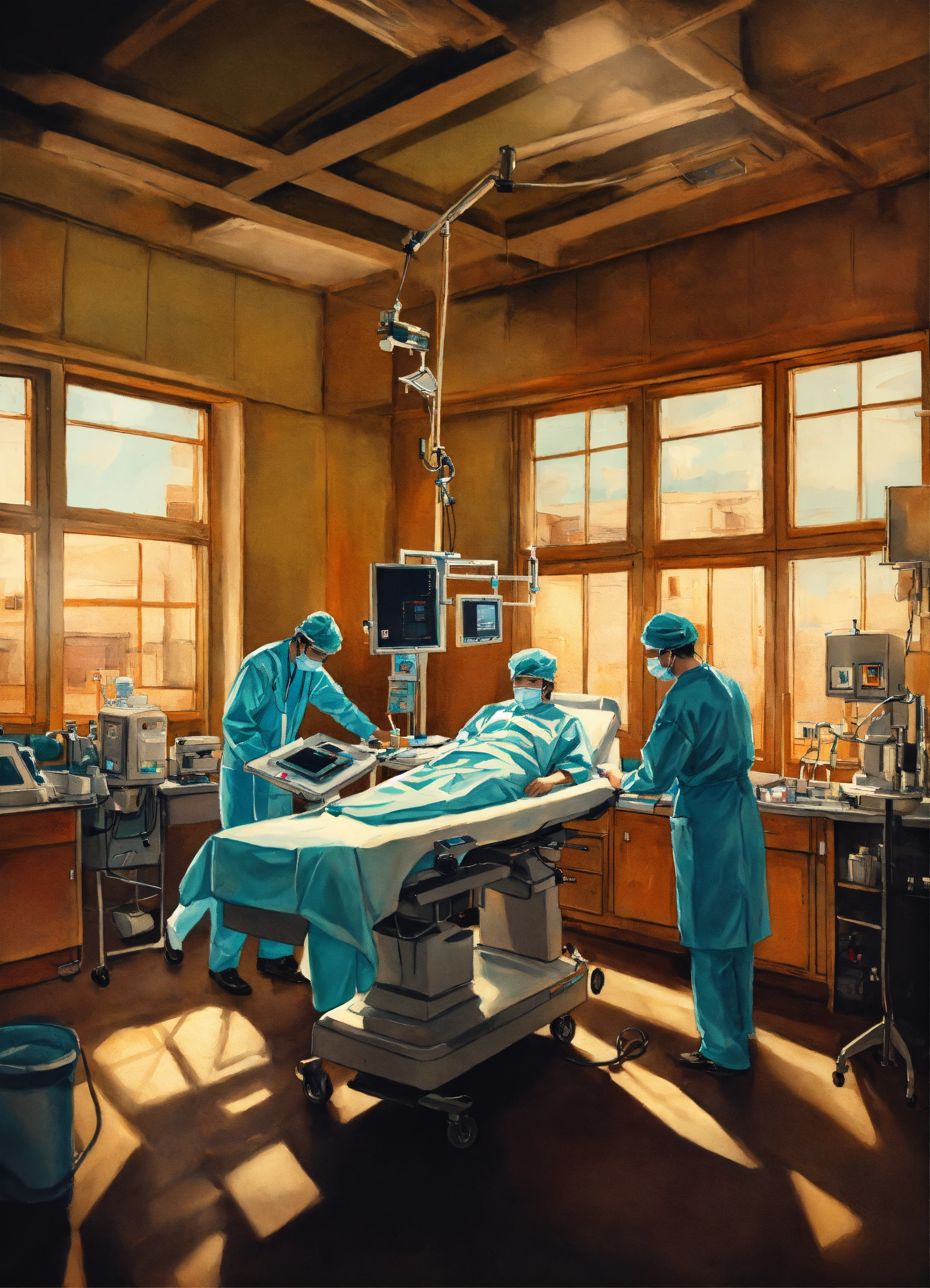 Lexica - A hand drawn painting of an operation theatre where a patient ...