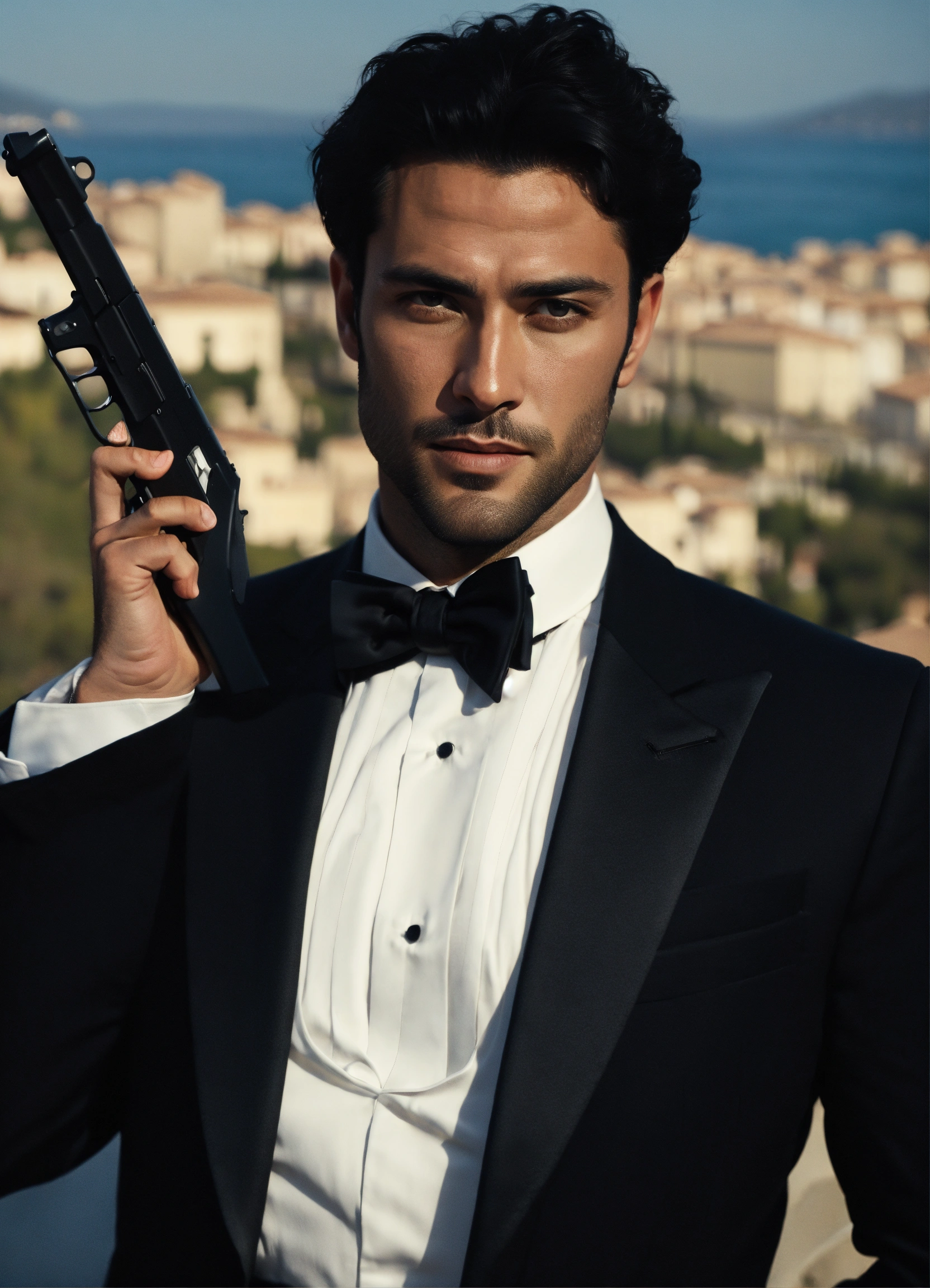 Lexica - A dark french riviera background and in front, a black hair ...