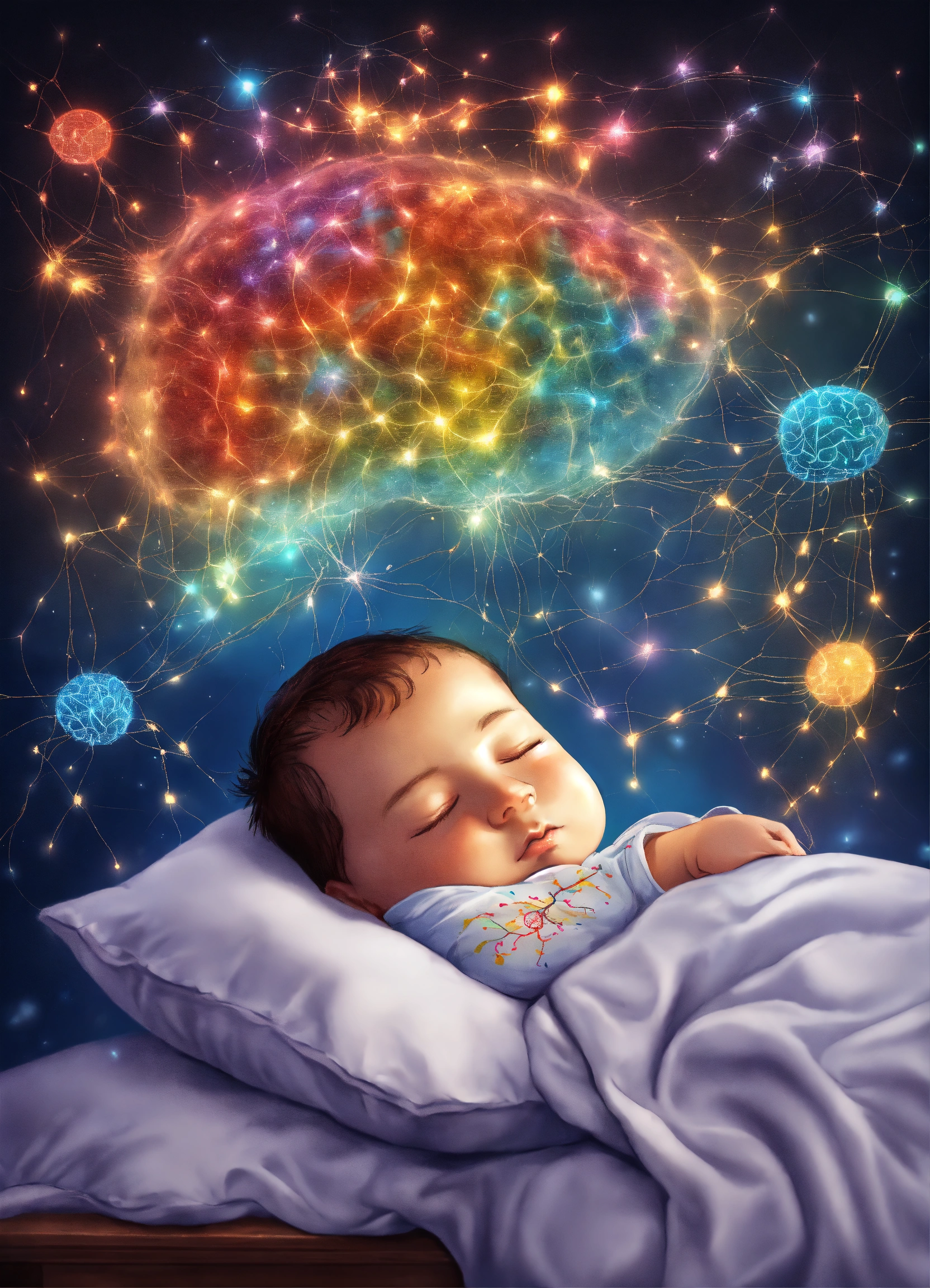 Lexica - The baby sleeps on a pillow. Around him are multicolored ...