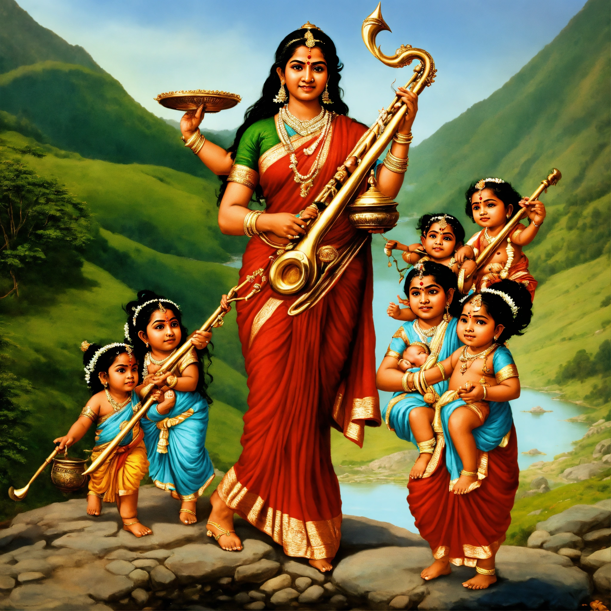 Lexica - Saraswati as Hindu goddess carrying orc babies in hills ...