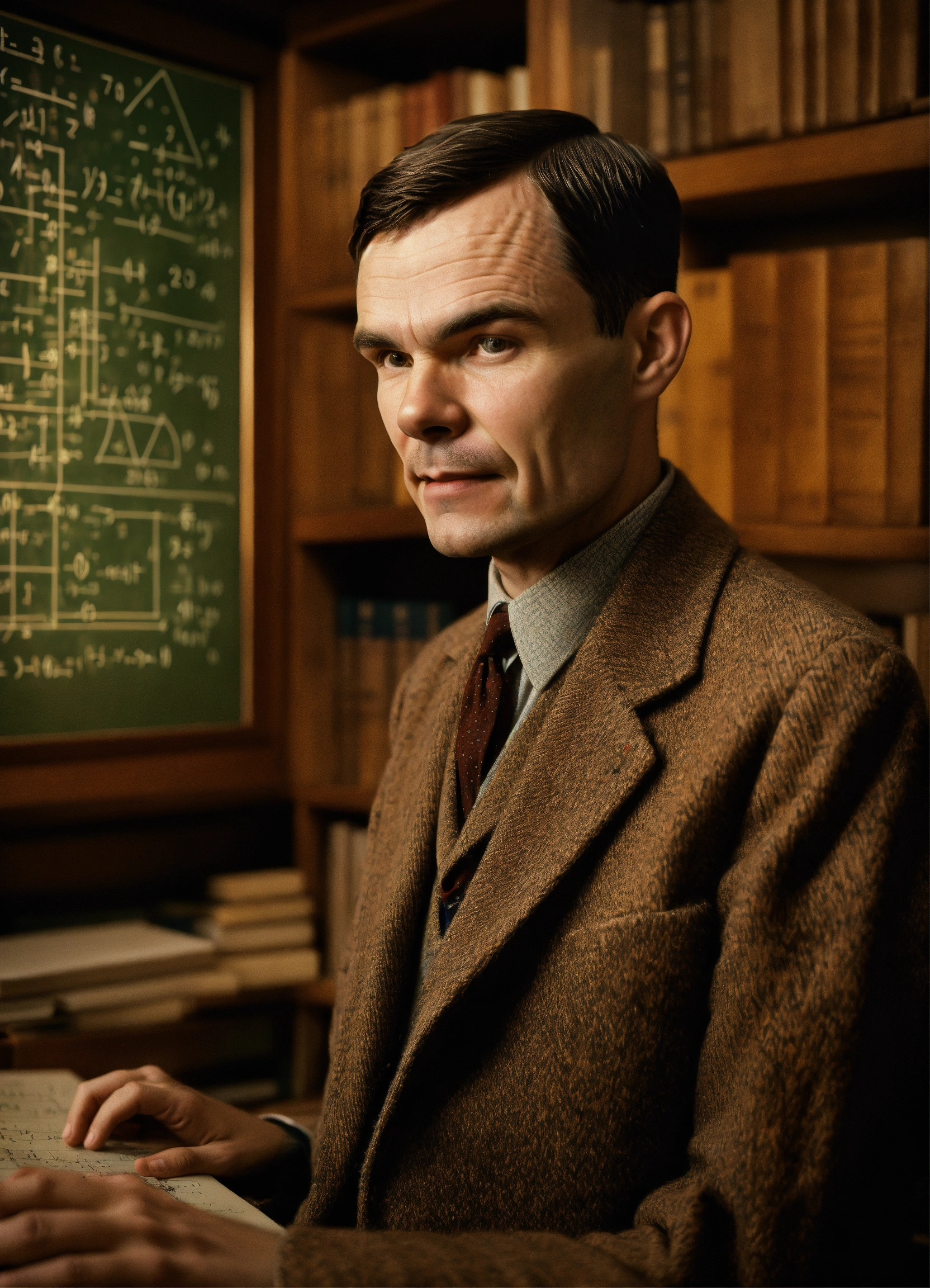 Lexica - A portrait of Alan Turing looking at the camera in a cosy ...