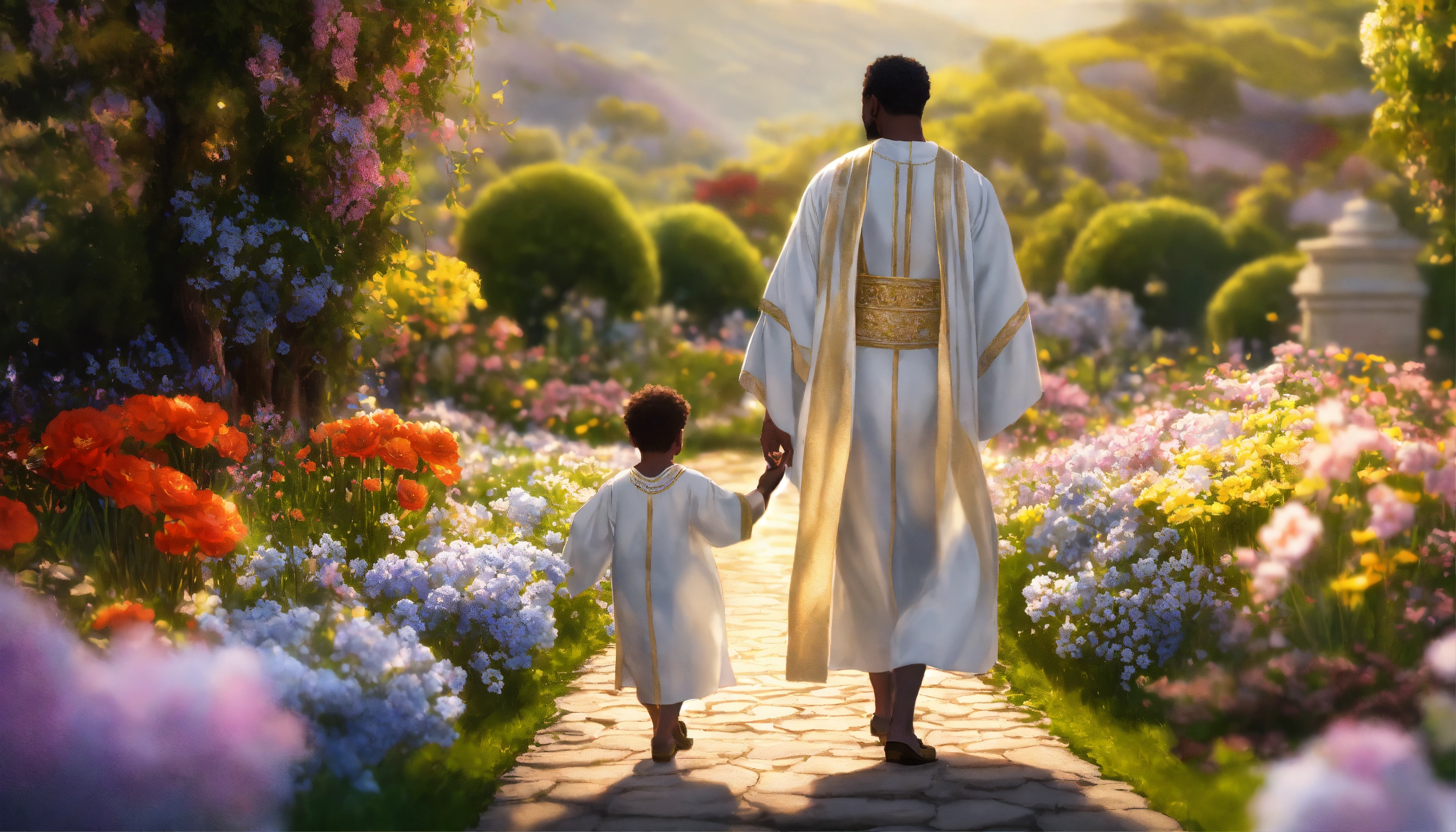 Lexica - Illustrate a view of Two children walking along a garden ...