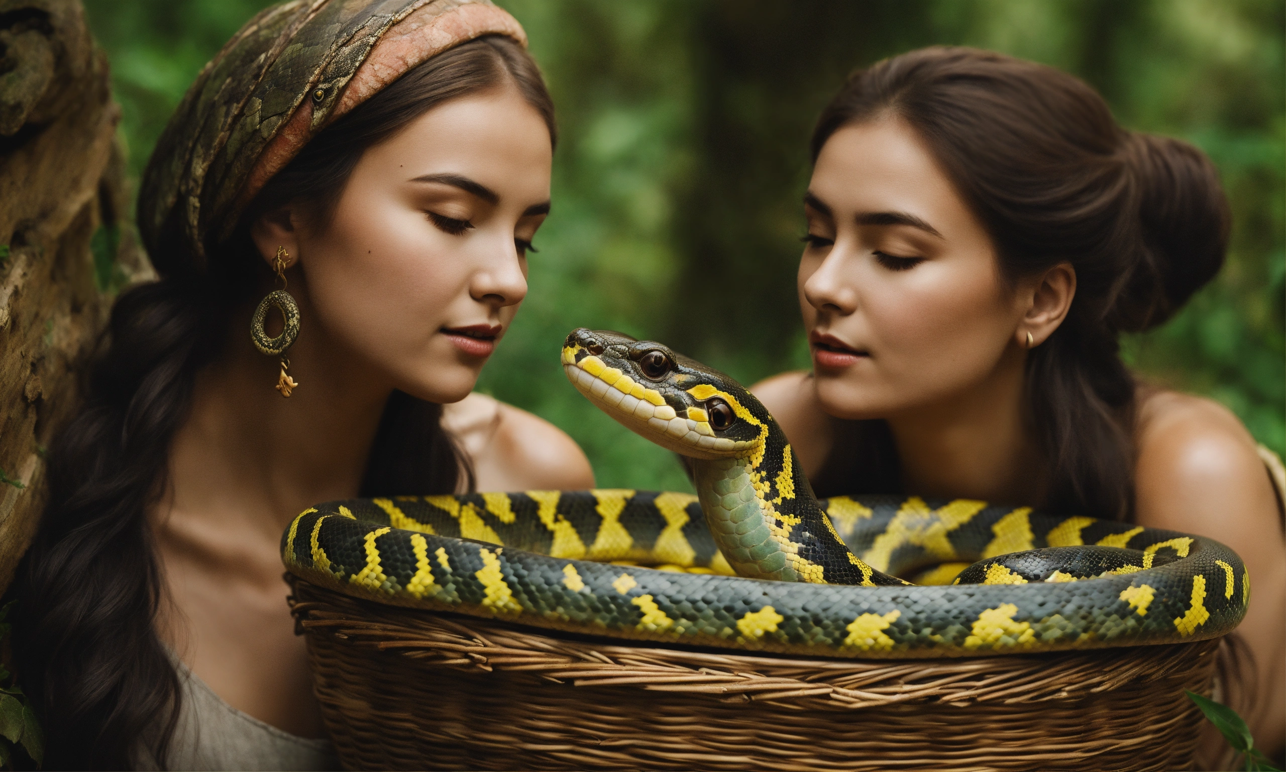 Lexica - Ancient Two beautiful young women haft giant snake and curled ...