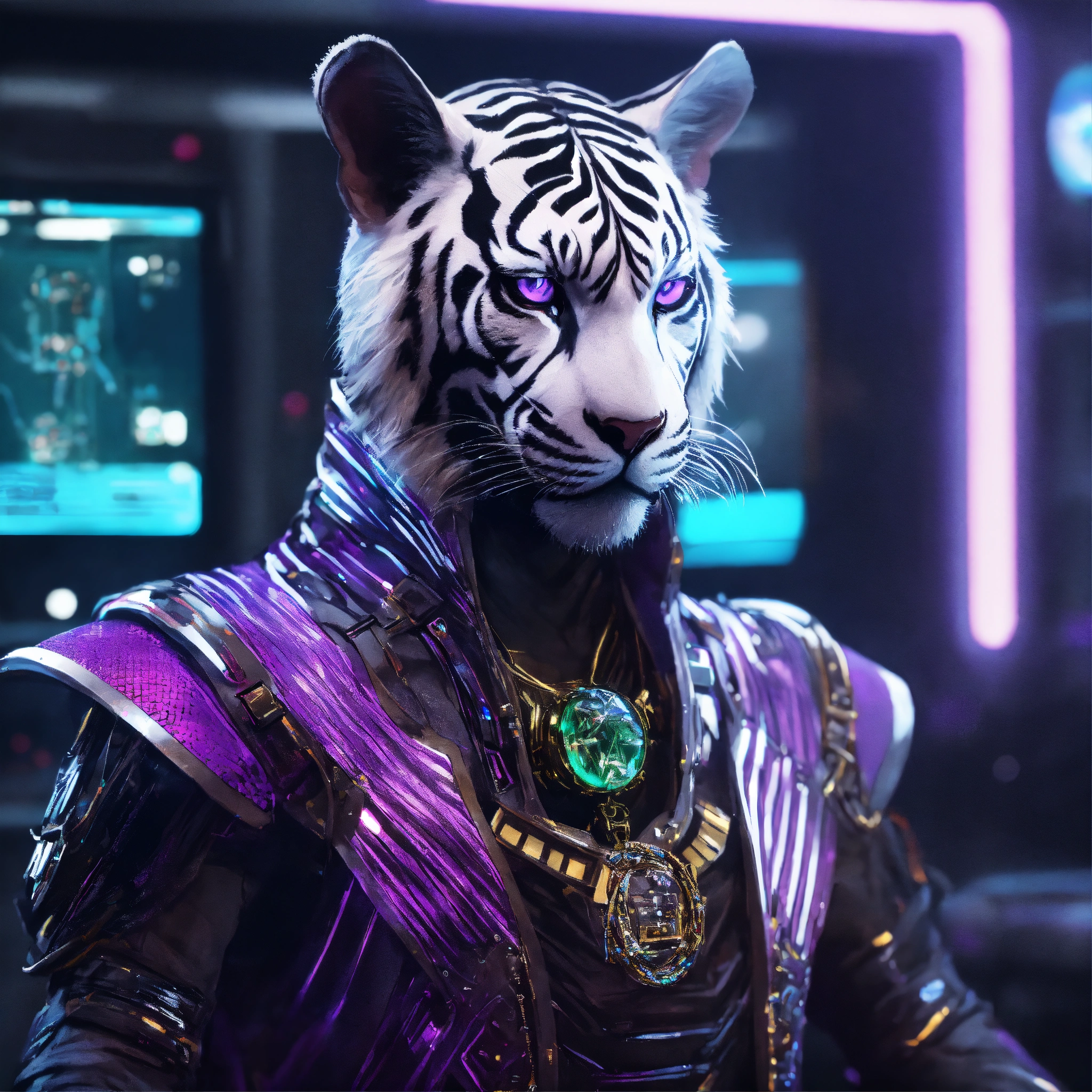Lexica - Zoom out from a male black tiger faced humanoid with purple ...