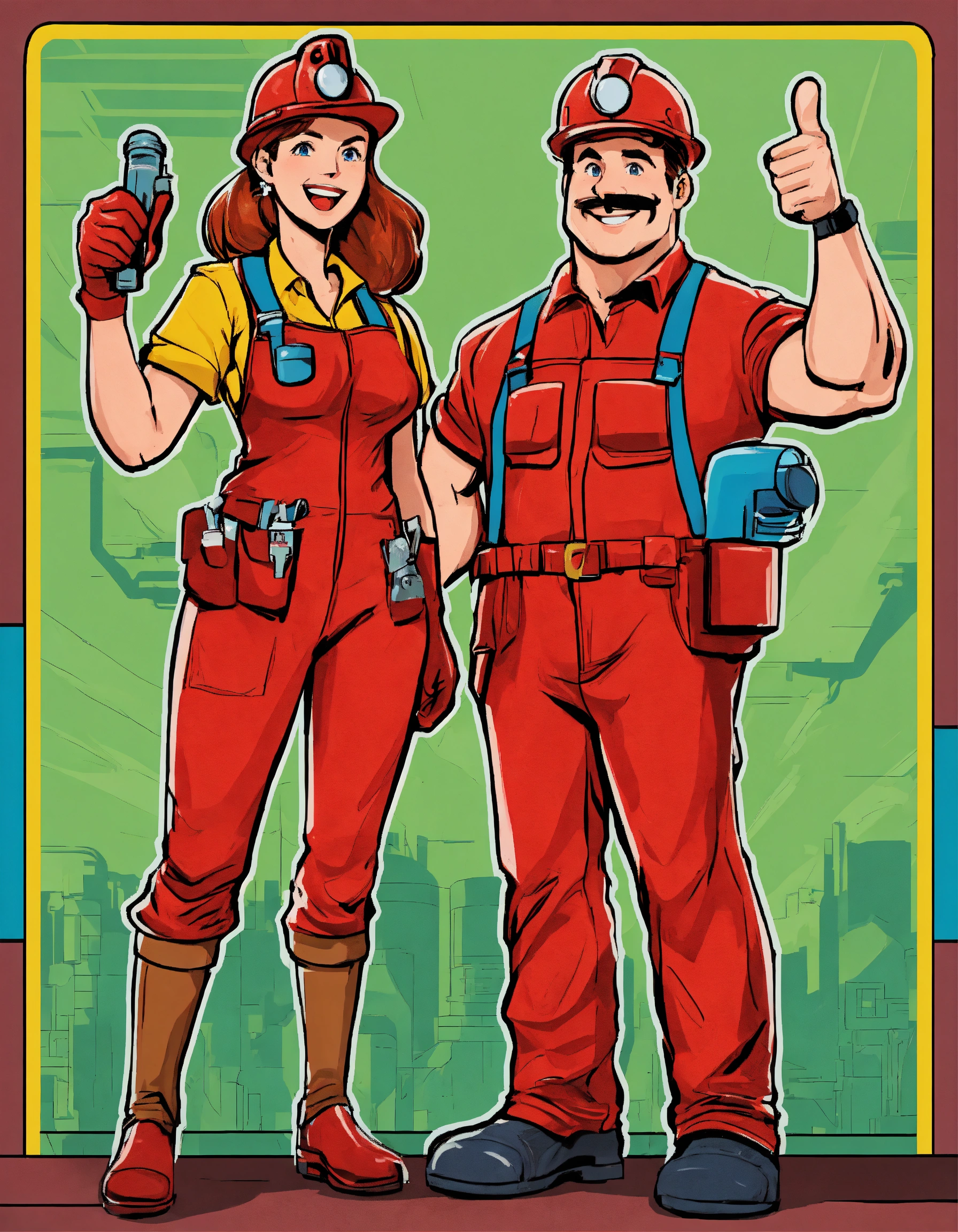 Lexica - Two heroic plumbers in a red outfit and red hard hat, both ...