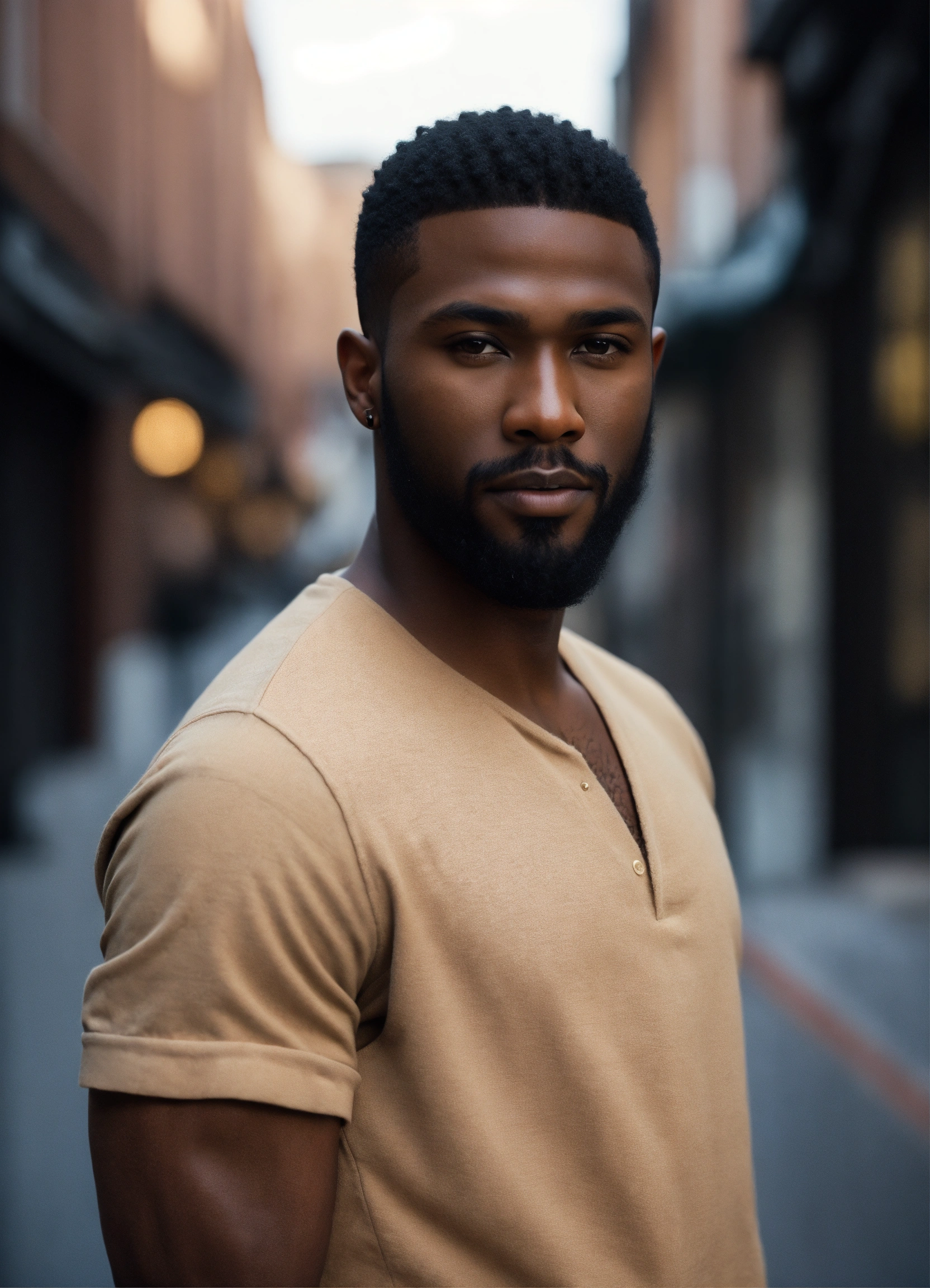 Lexica - Stunning Black Man, Low Hair. Cut Beard, dark Eyes, dark skin,