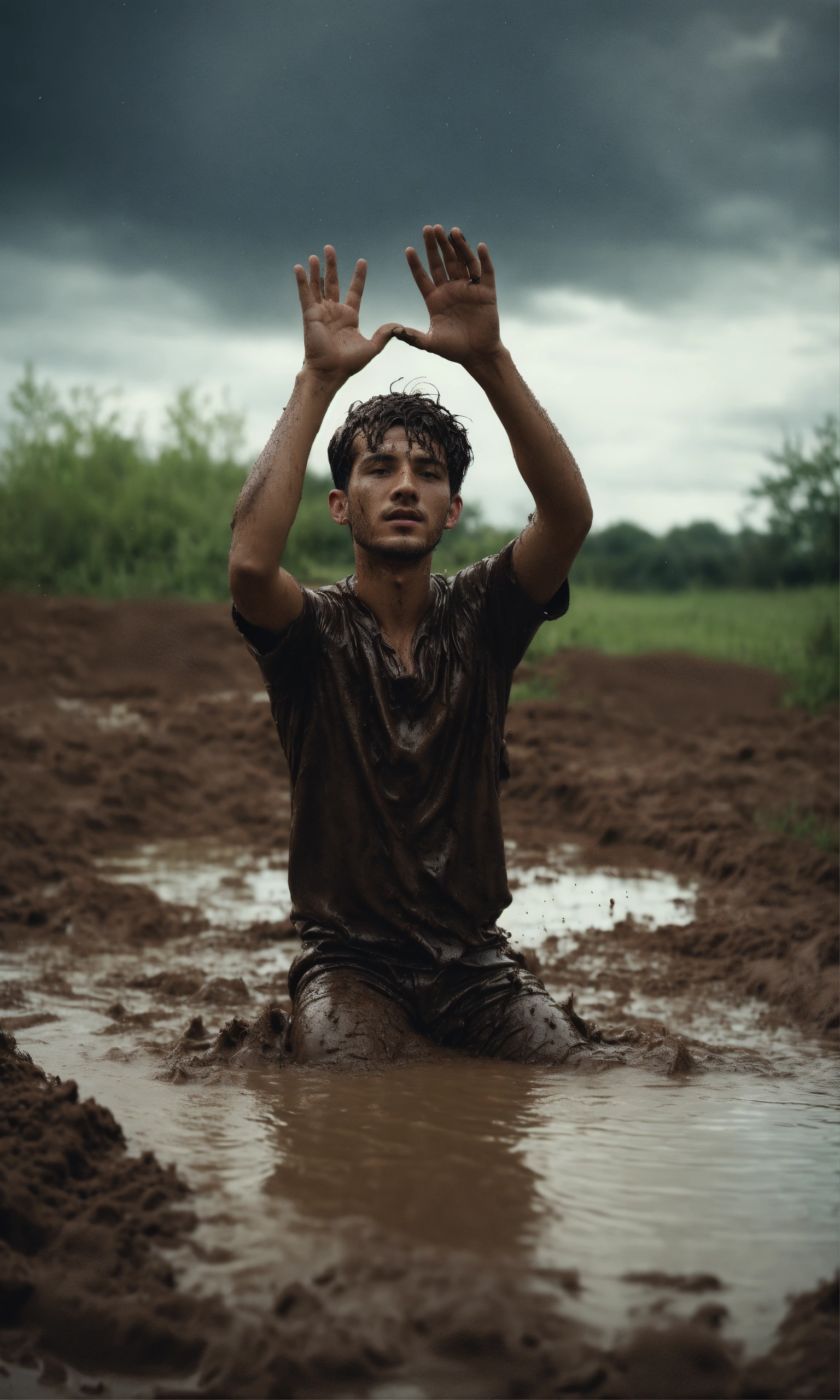 Lexica - A young dirty man falling in a mud pond, extending his hand to ...