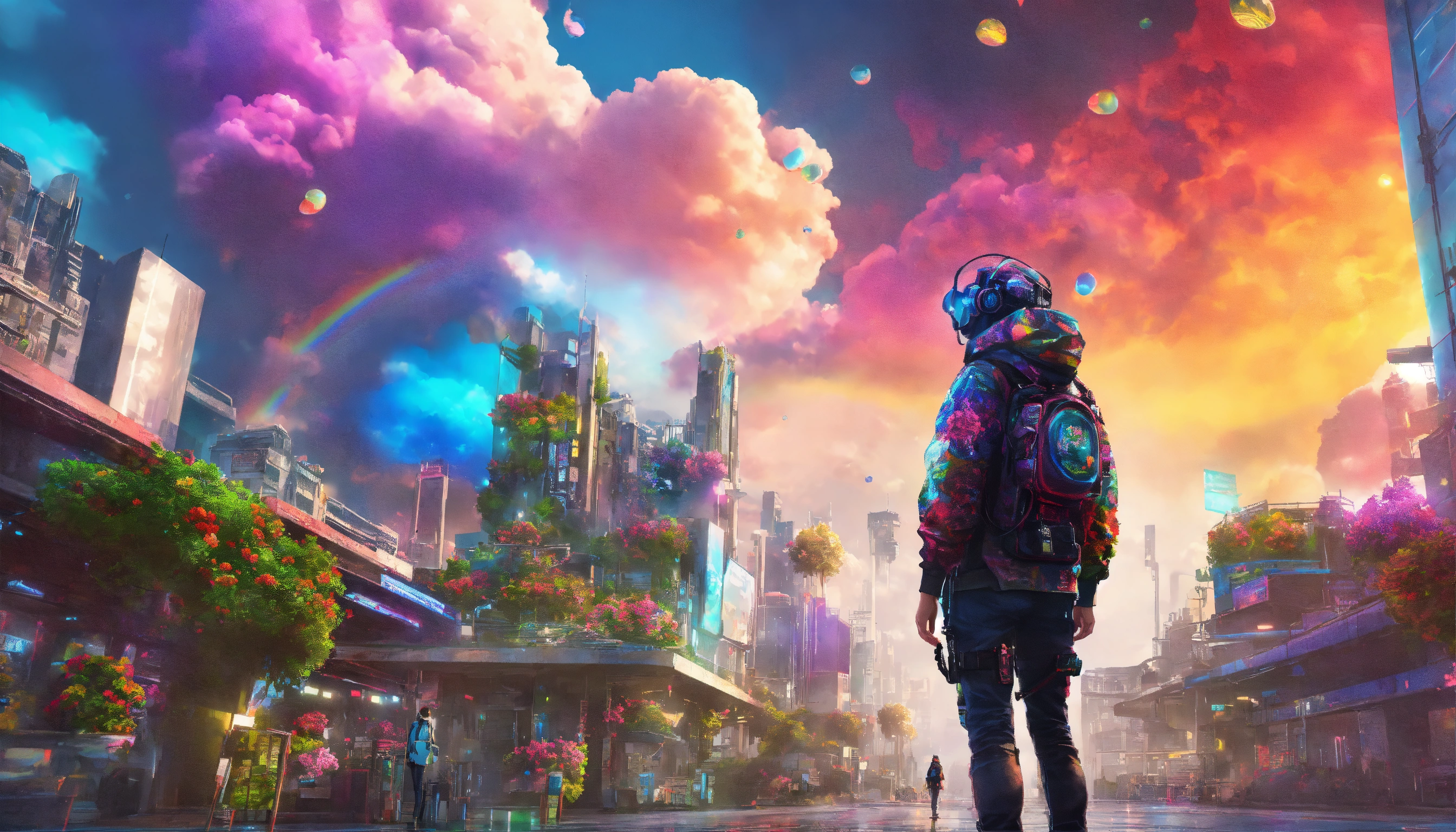 Lexica - Rainbow cyberpunk of a person in urban floral wear in a ...
