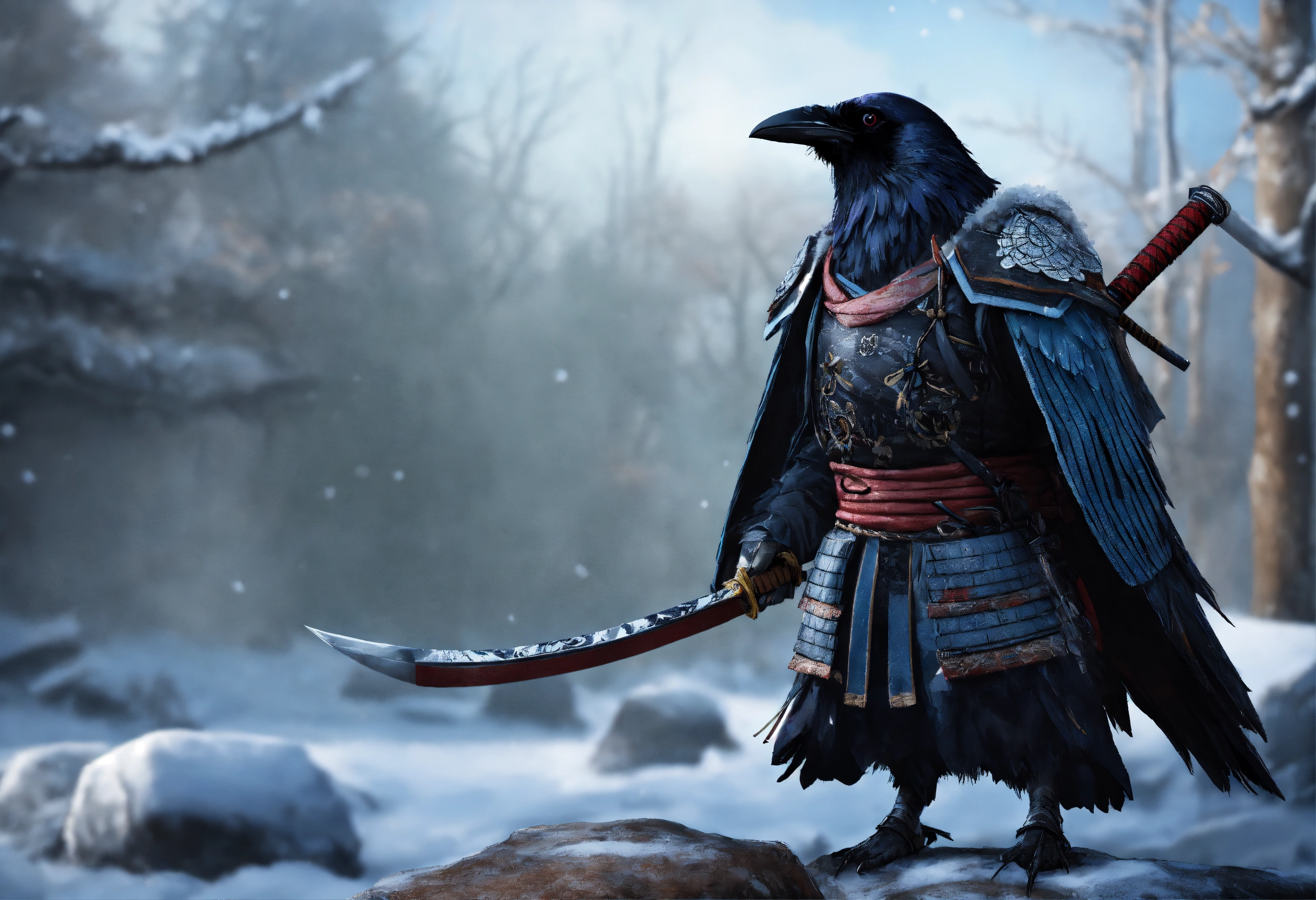 Lexica - Raven samurai with arms. Frozen tundra. Hyper realistic.