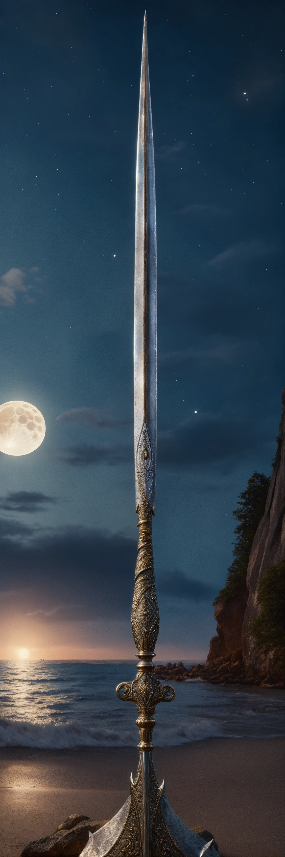 Lexica - 8k, picture of a very long gezackte harpoon with a spearhead ...