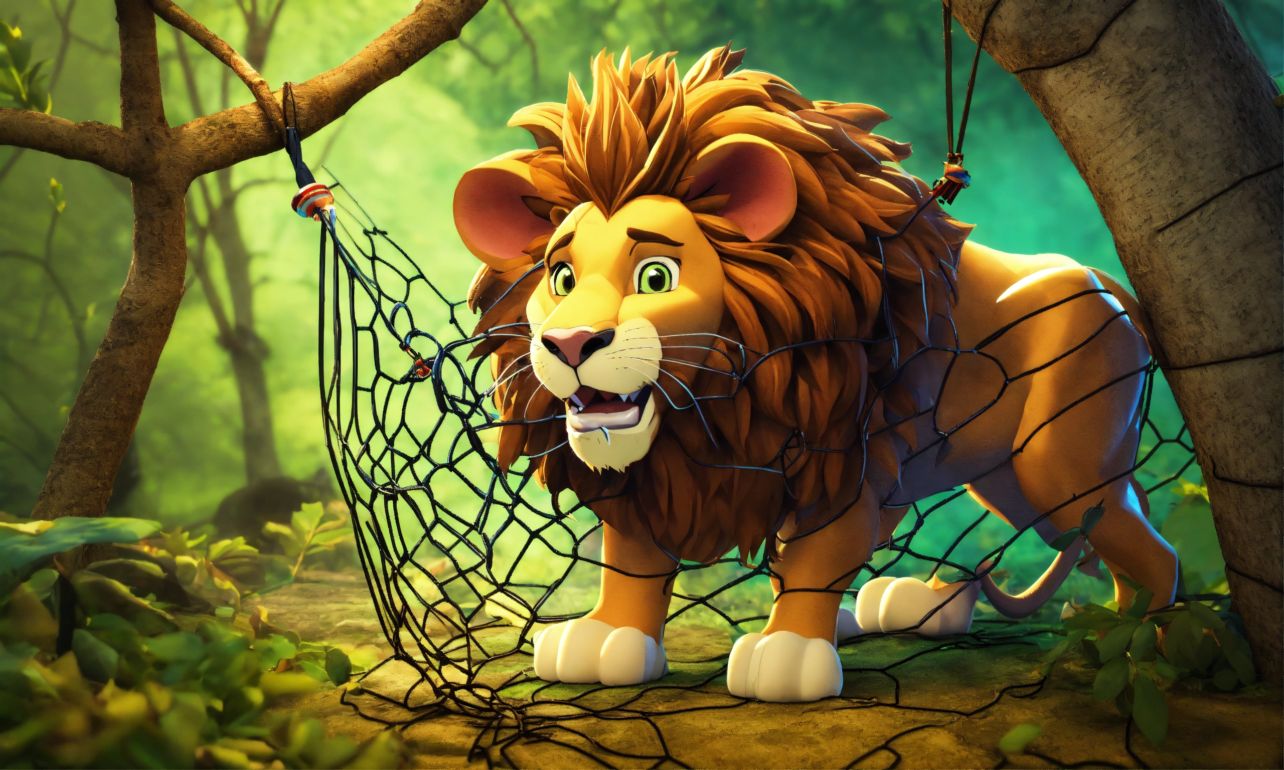 Lexica - Cartoon 3d big lion was captured and trapped in a net and ...