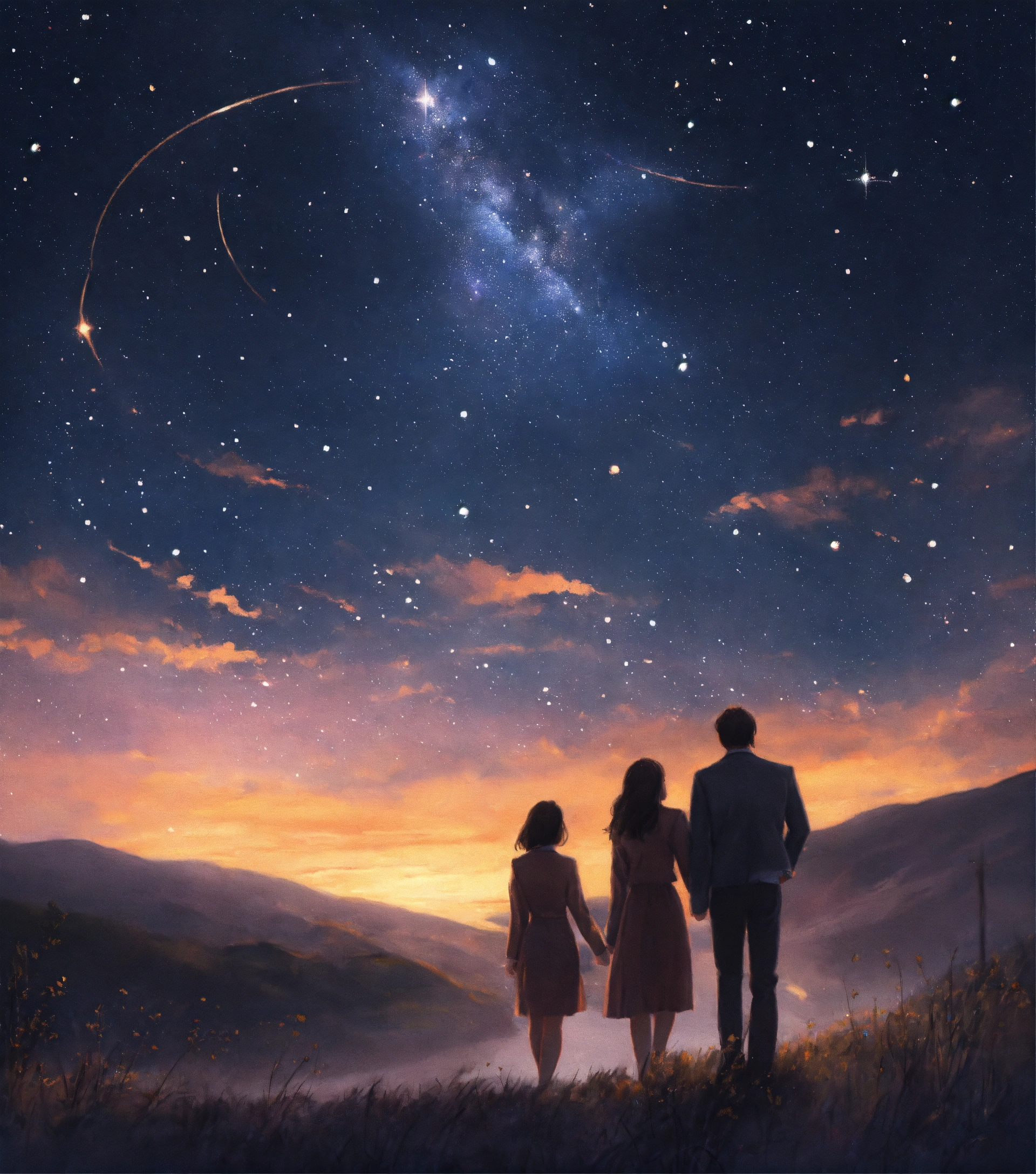 Lexica - Realistic drawing, three lovers, in the background stellar sky