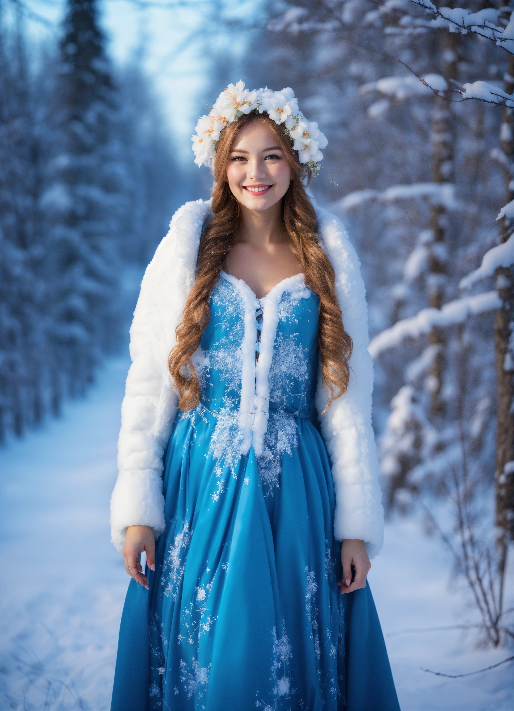Lexica - Rosy-cheeked smiling snow maiden in the winter forest, walking ...