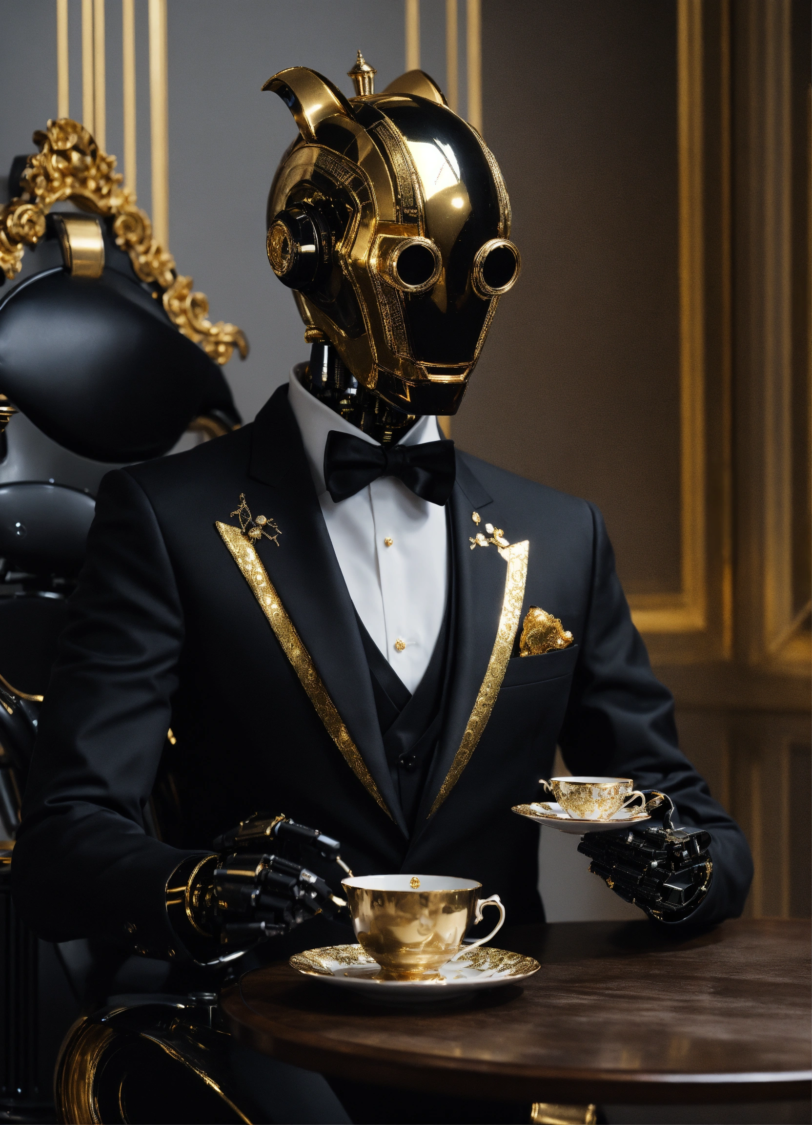 Lexica - Sophisticated looking robot in a fancy black suit with subtle ...