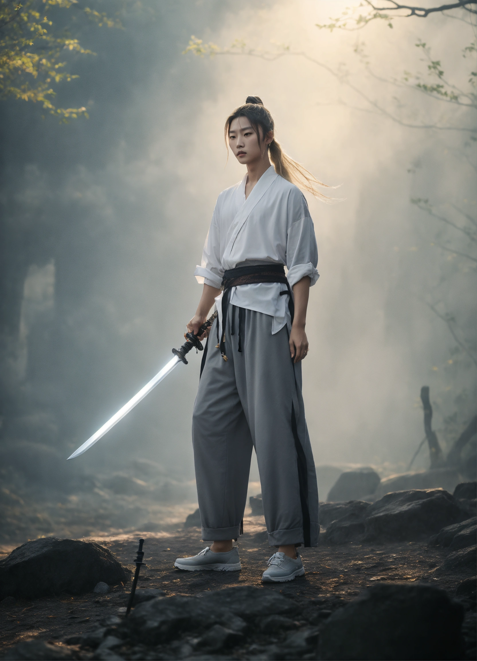 Lexica - Hwang Hyunjin carrying a shadow sword through the mist ...