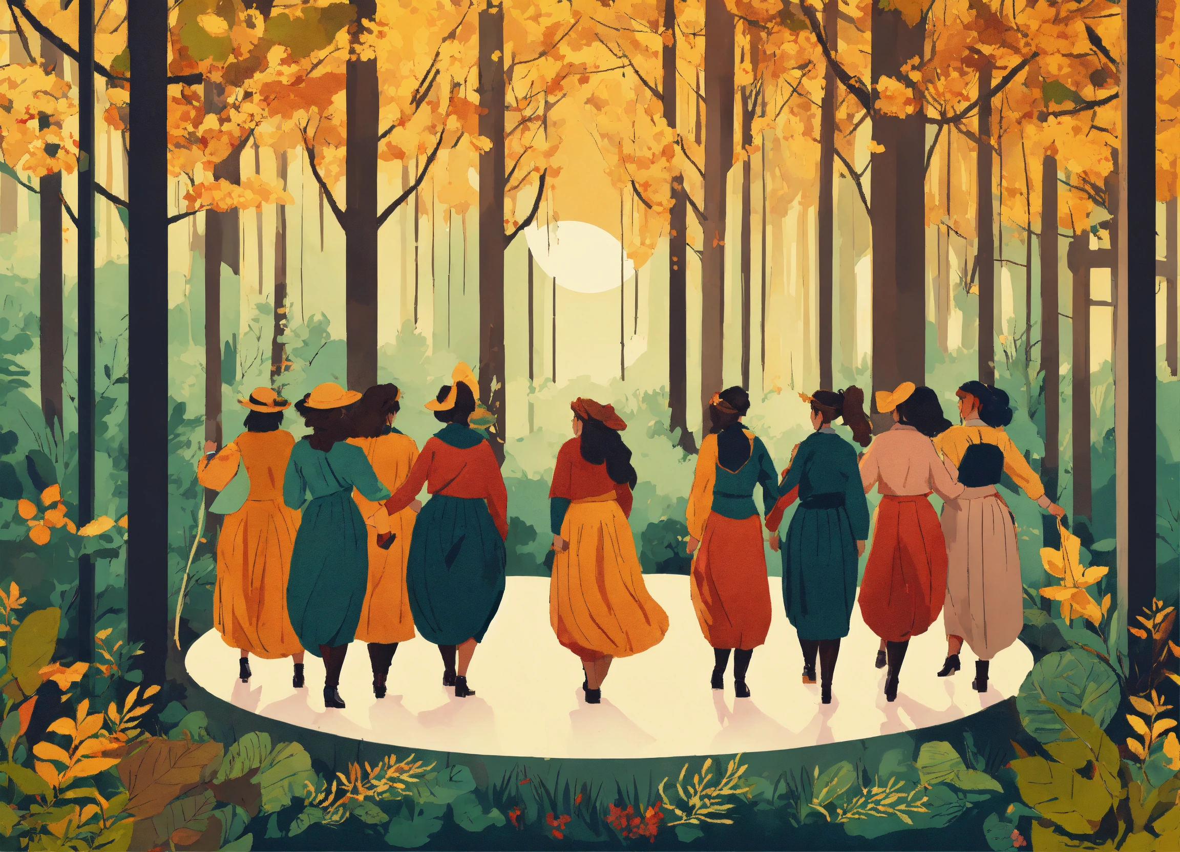 Lexica - Illustration of a group of women in a circle, forest theme