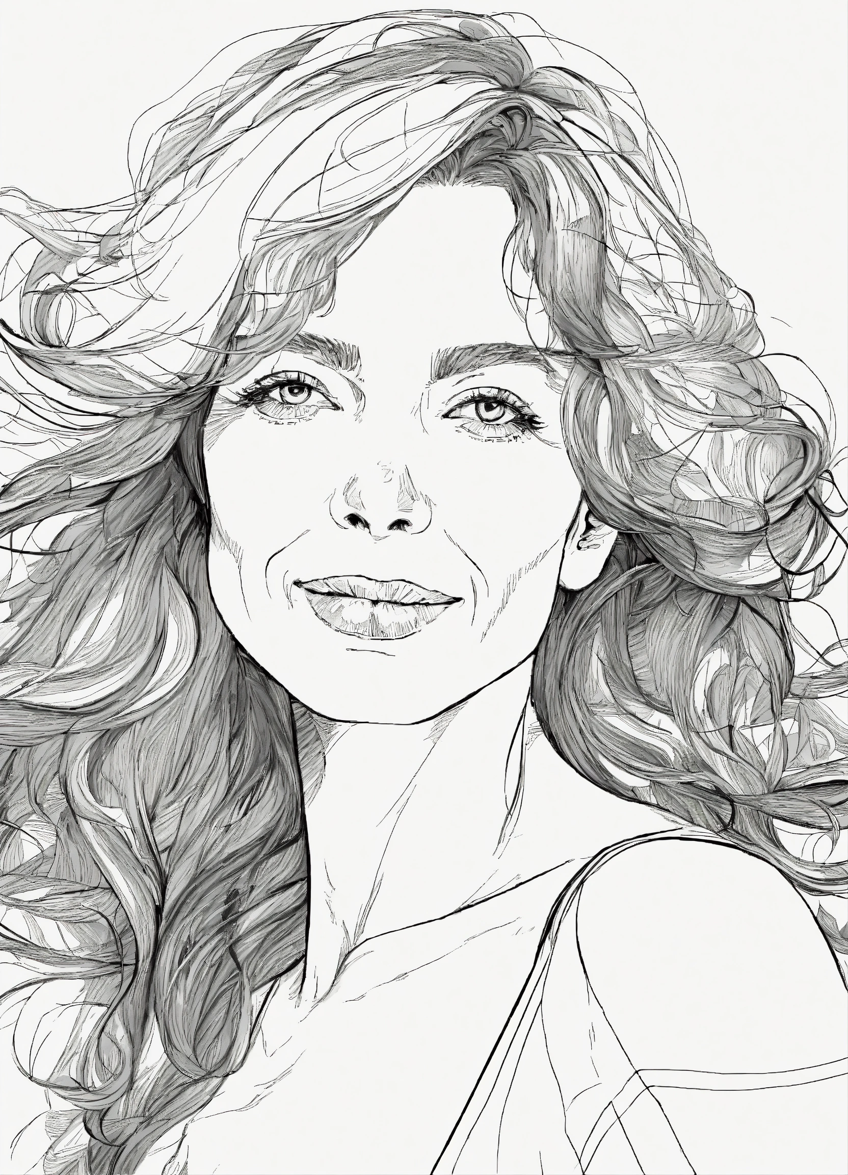 Lexica - Black and white line drawing, middle aged woman, upper body ...
