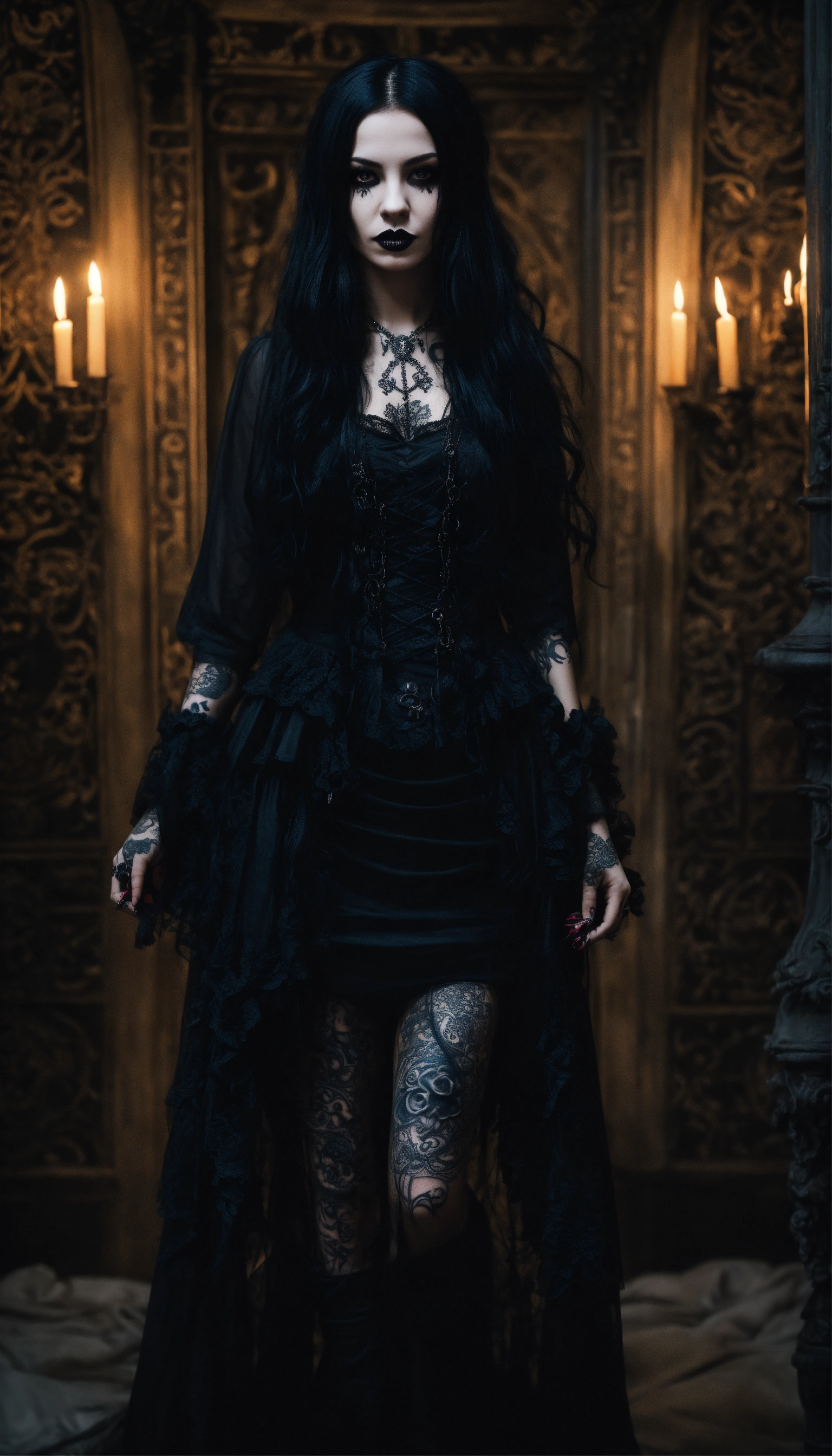 Lexica - A scary girl, full body, pale skin, long crazy black hair ...