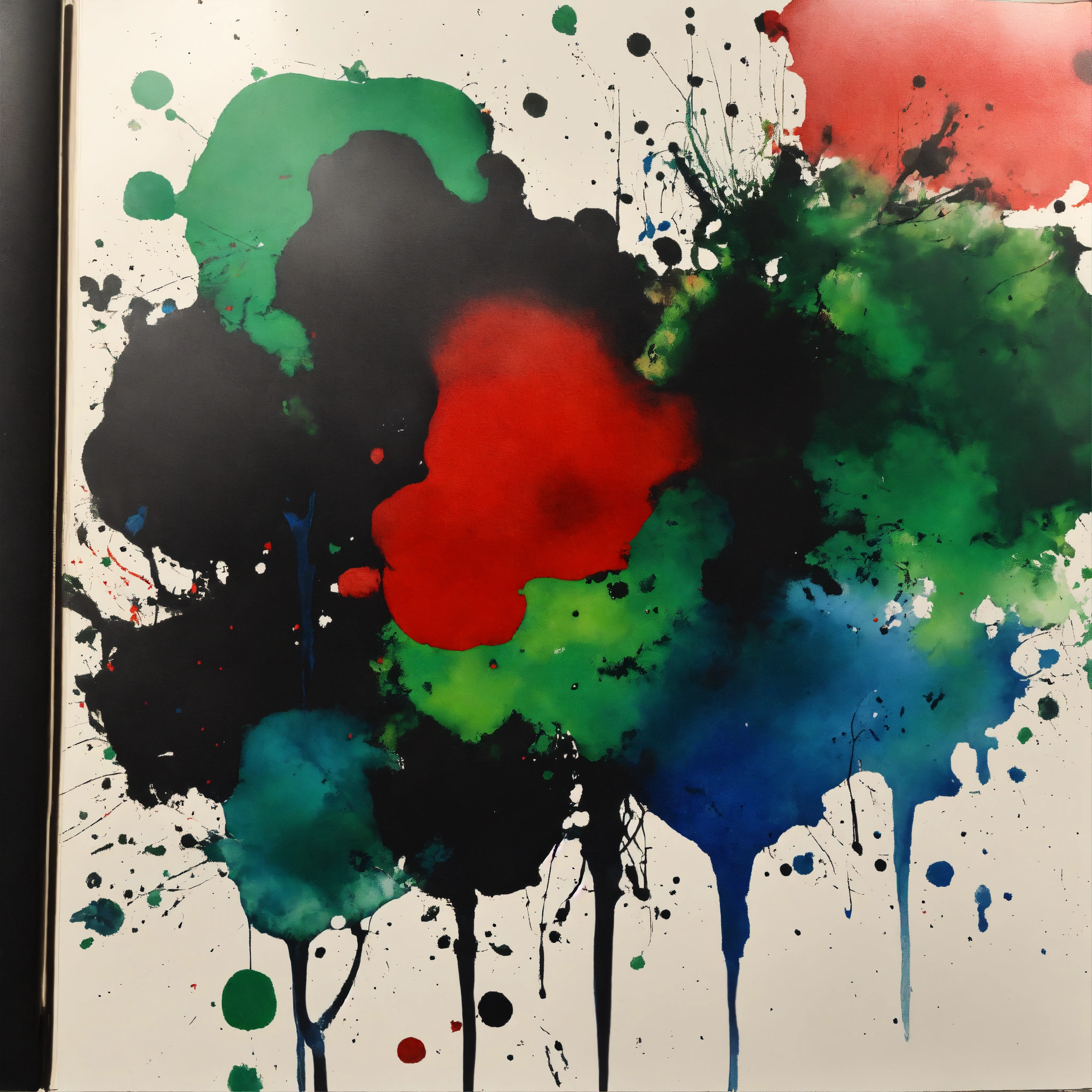 Lexica - White page with random splotches of blue black green and red ink