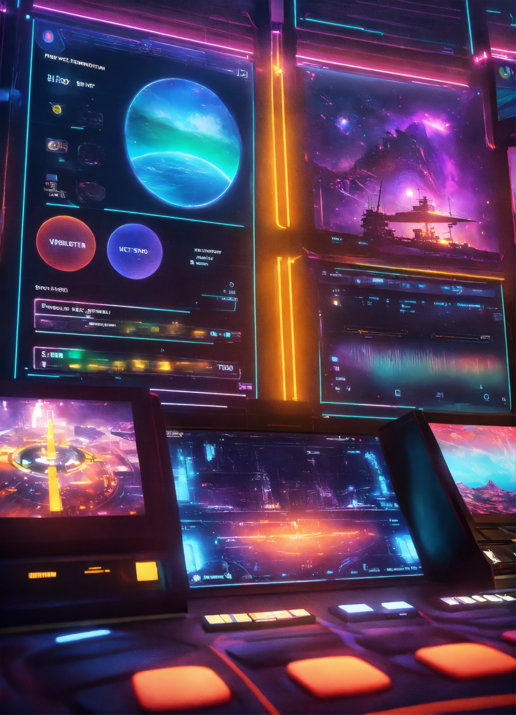 Lexica - Close up of 1 big screen in the center of a bunch of big ...