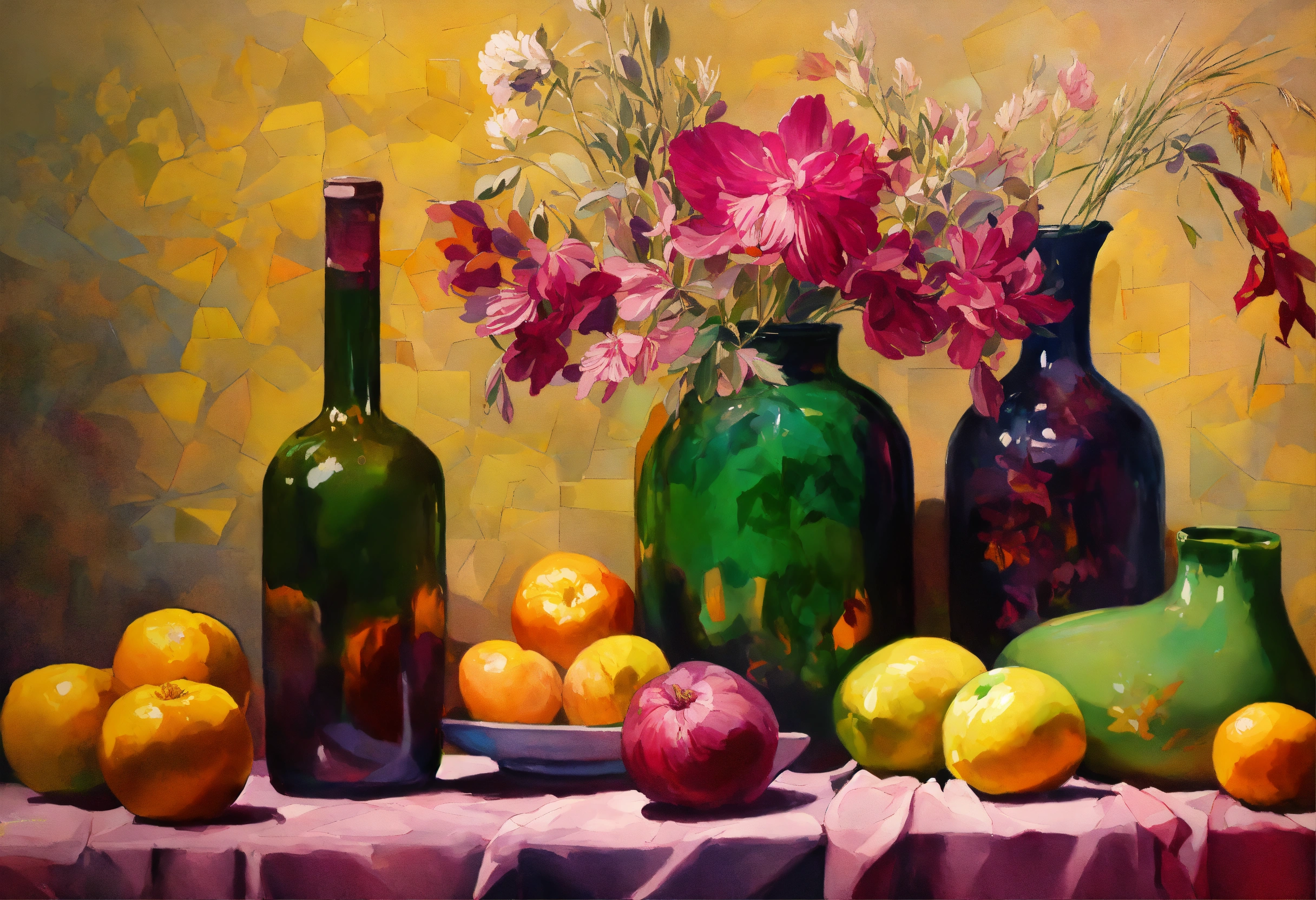 Lexica - Still life style painting, with fruits, flowers, vases and ...