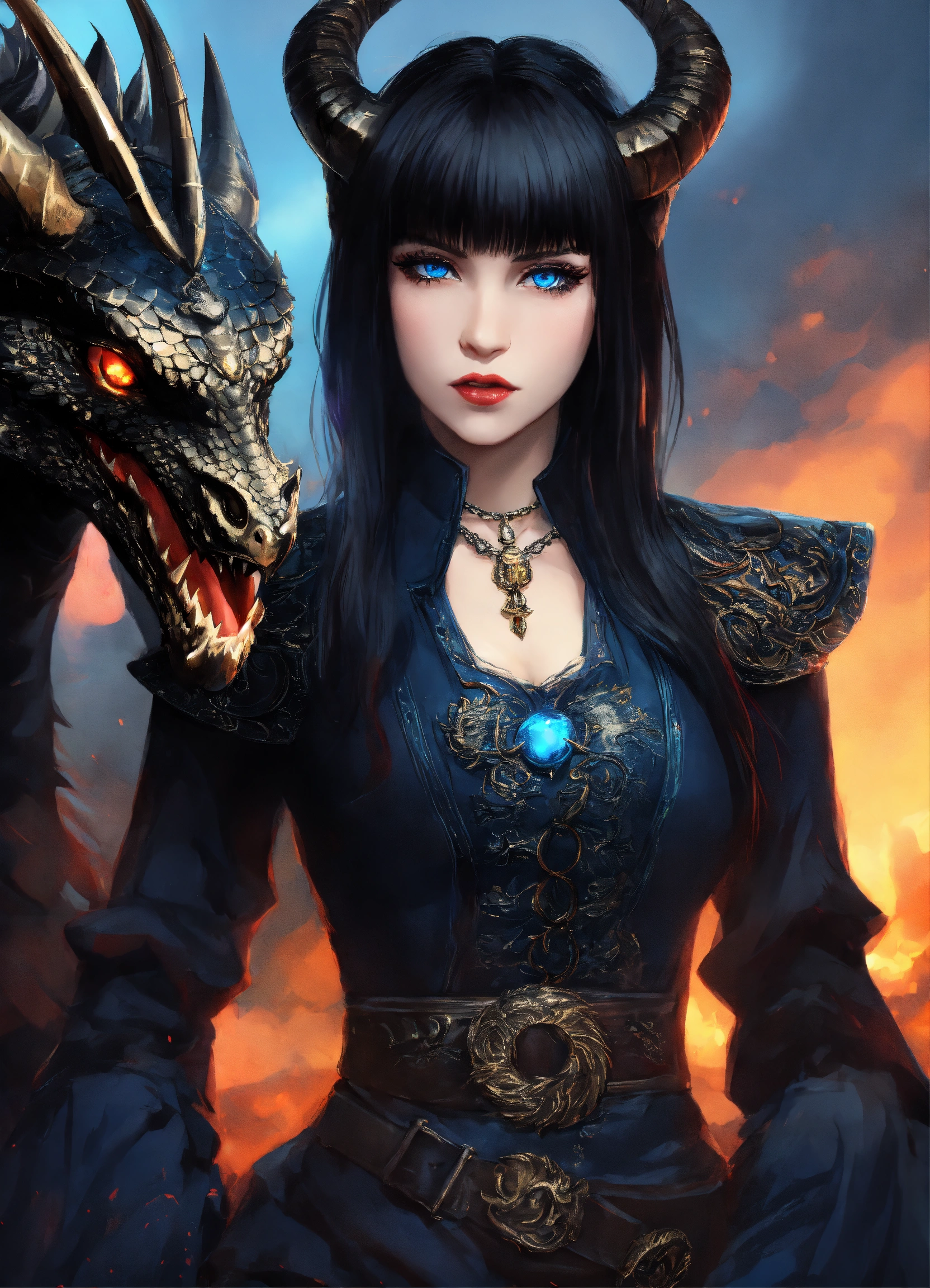 Lexica - Goth female, blue eyes, with black horns, black hair, bangs ...