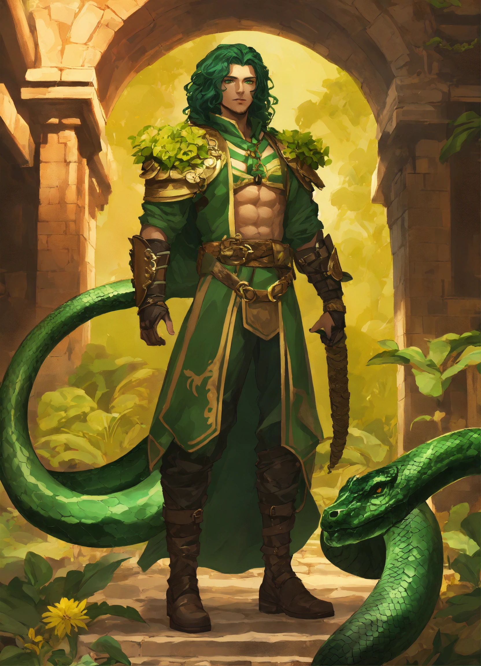 Lexica - A male gorgon, metis skin, green eyes, yellow antic outfit ...
