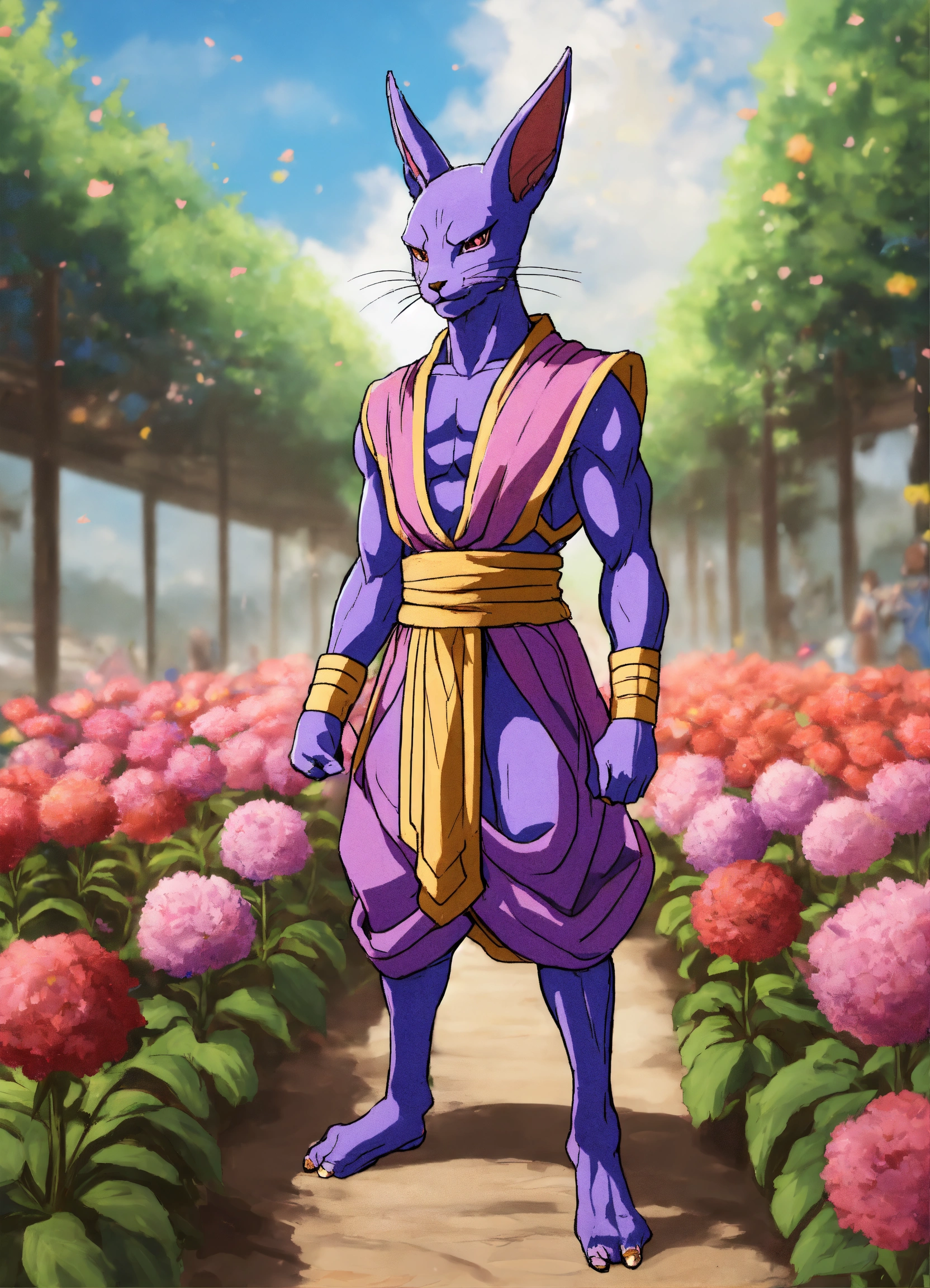 Lexica - Realistic lord beerus walking into flowers