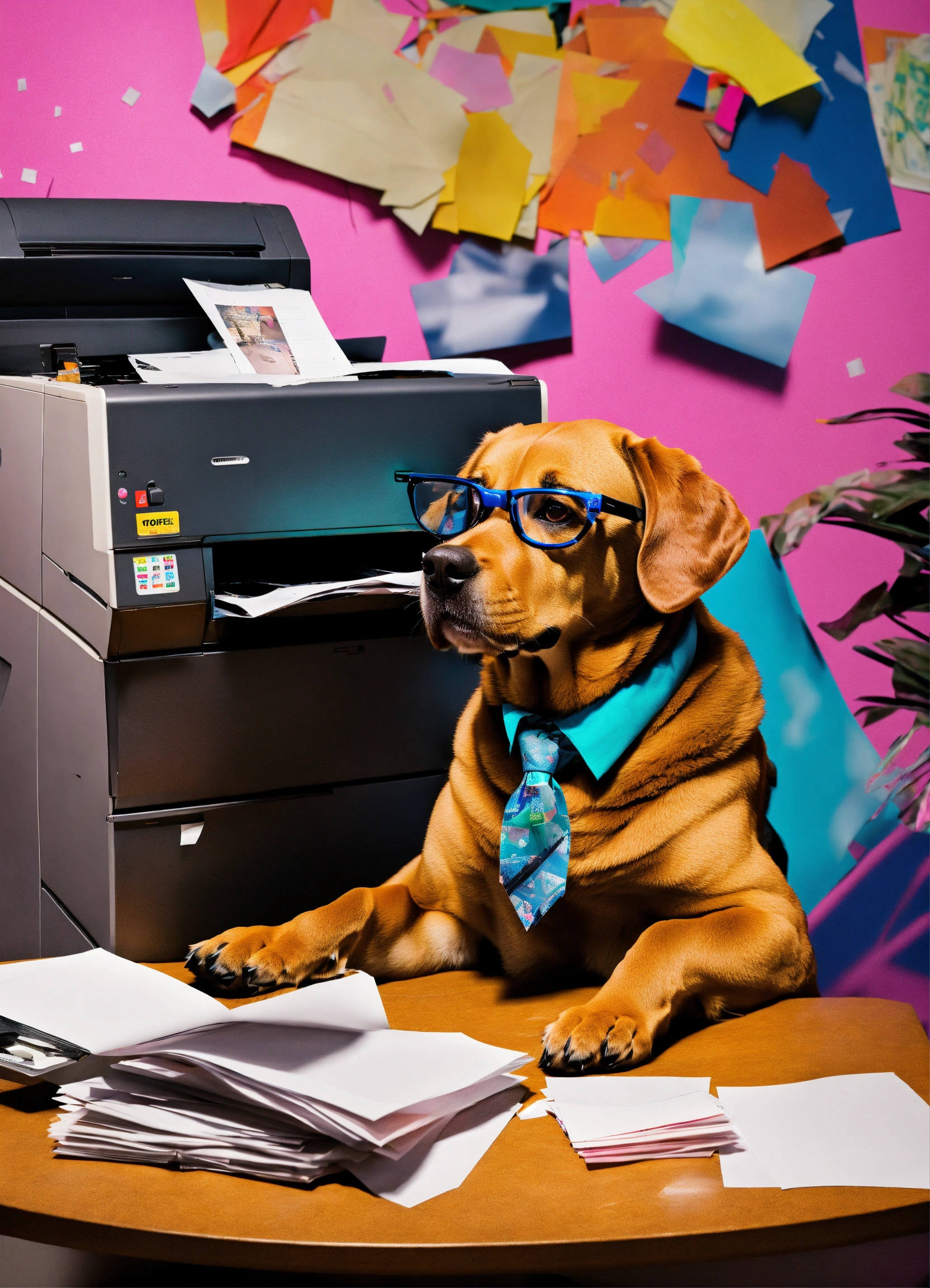 Lexica - Big neon dog wearing glasses and professional attire next to a ...