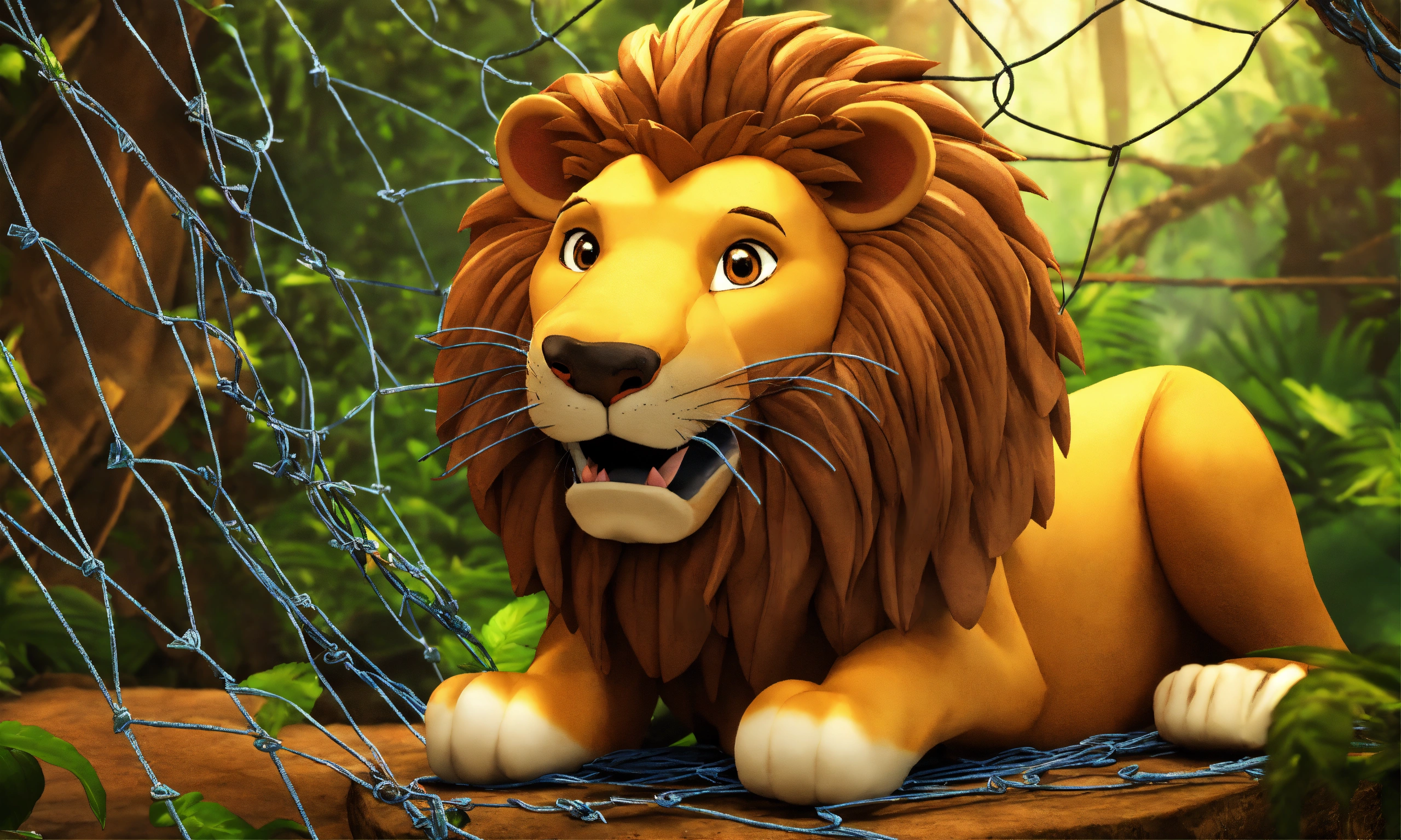 Lexica - Cartoon 3d big lion was captured and trapped in a net and hang ...