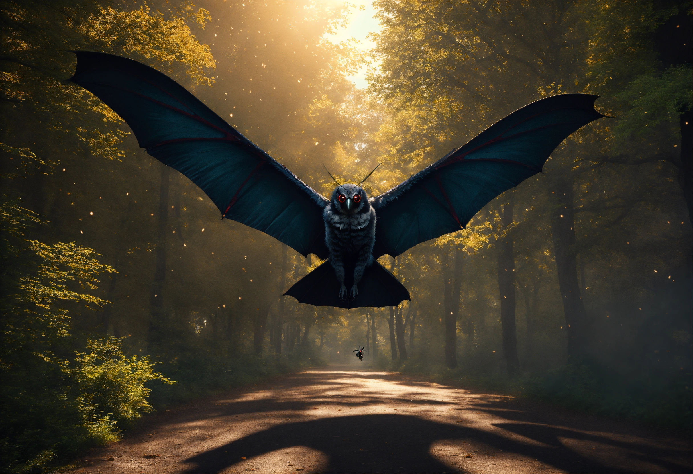Lexica - Photorealistic mothman flying over trees