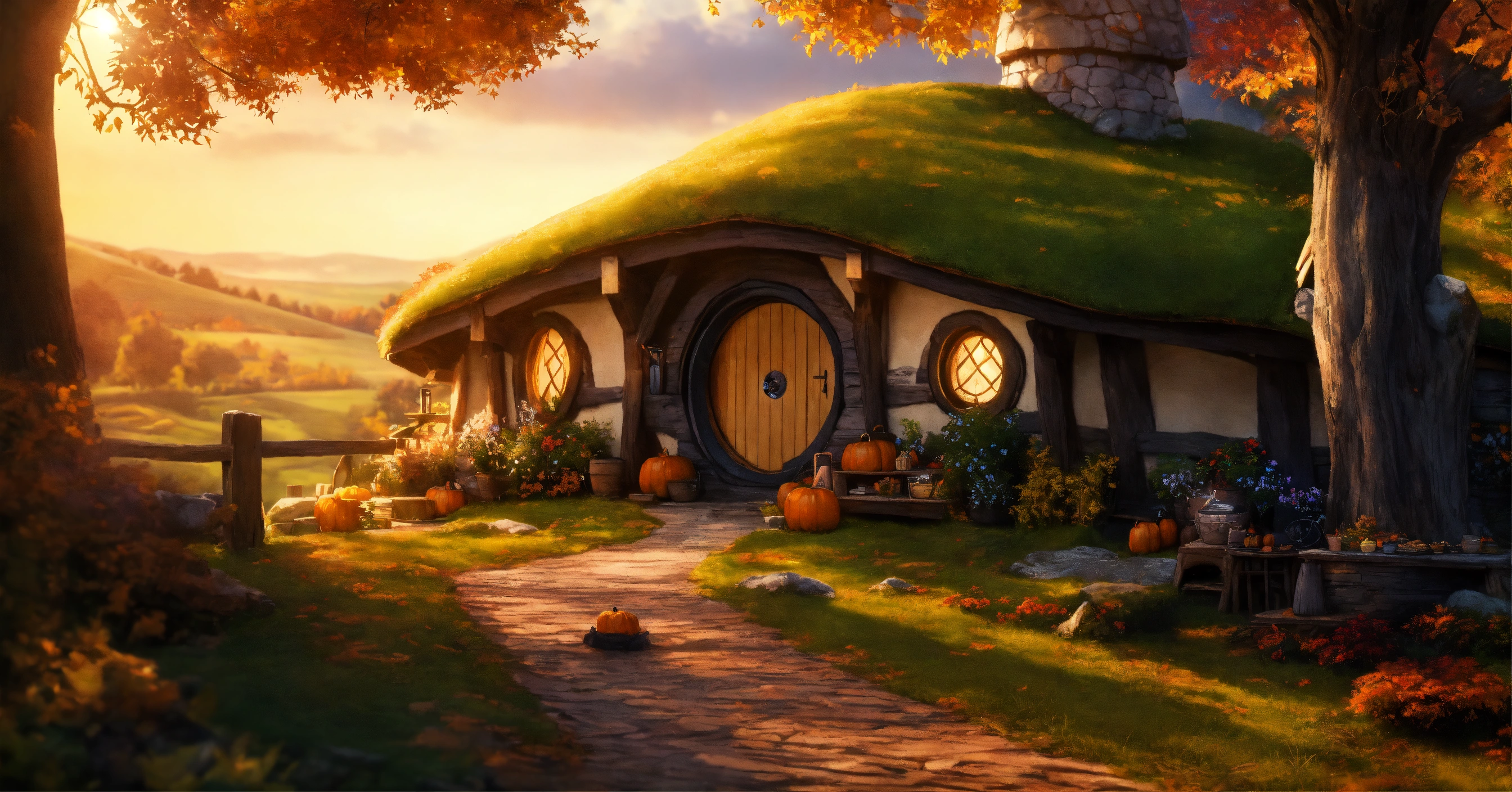 Lexica - Epic shot of the shire in autumn, a hobbit hole, ultra ...